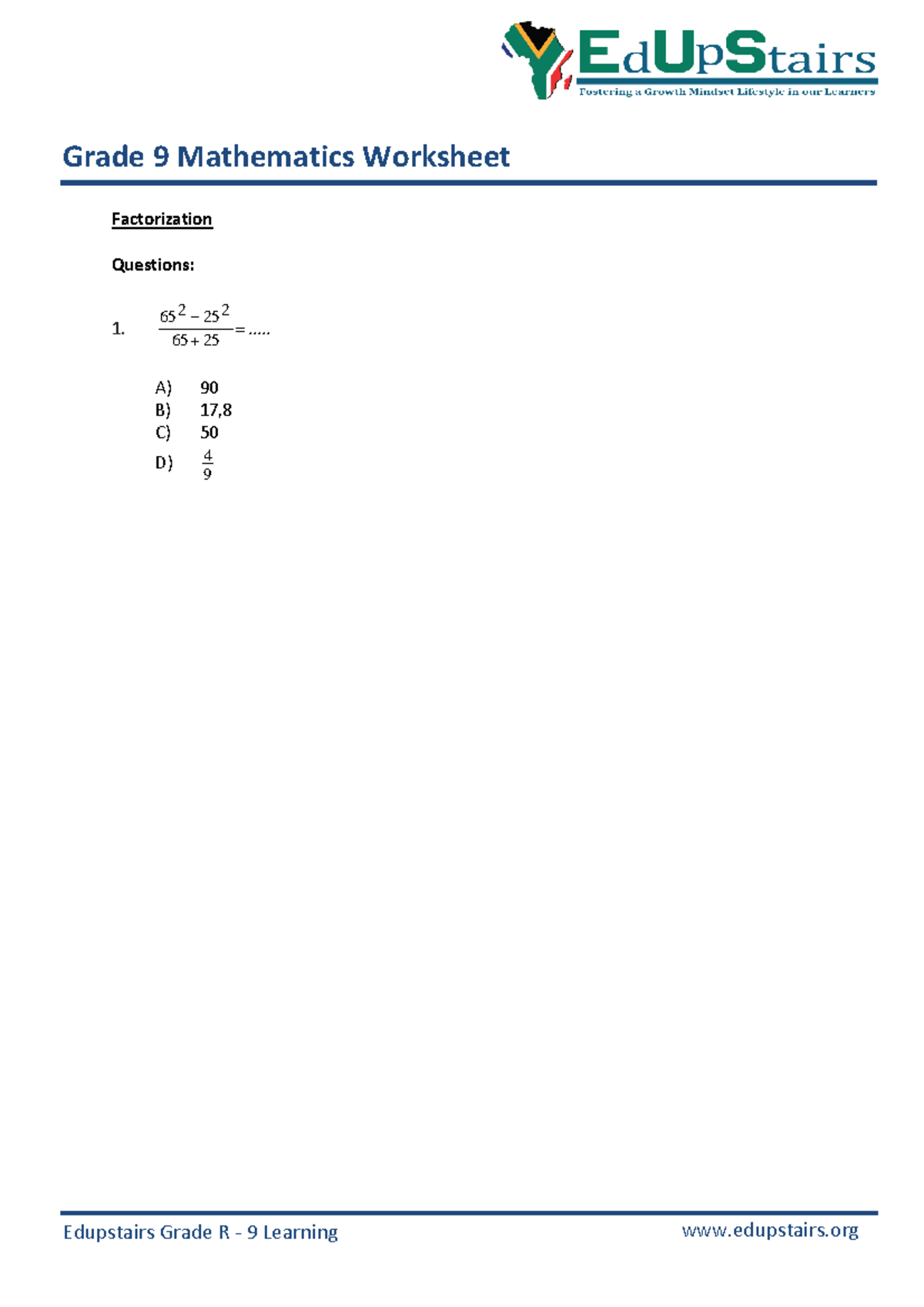 Factorization - Grade 9 Mathematics Worksheet Edupstairs Grade R - 9 ...