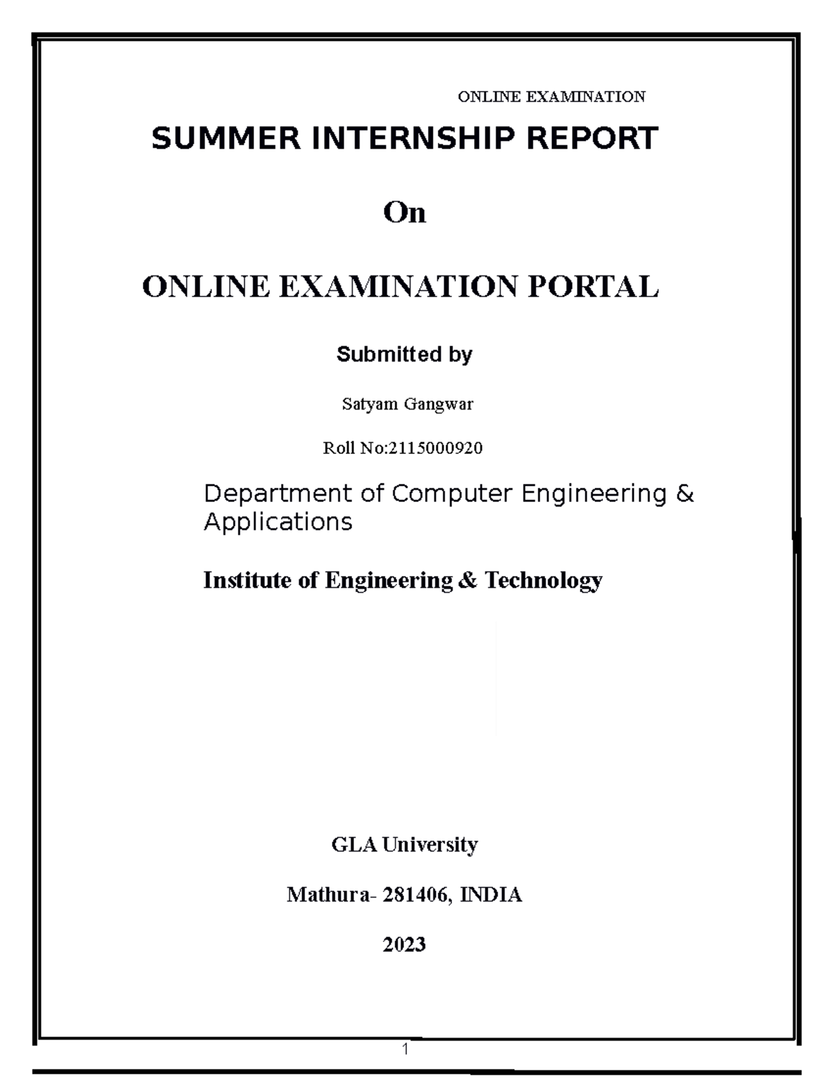 Online exam project report - SUMMER INTERNSHIP REPORT On ONLINE ...