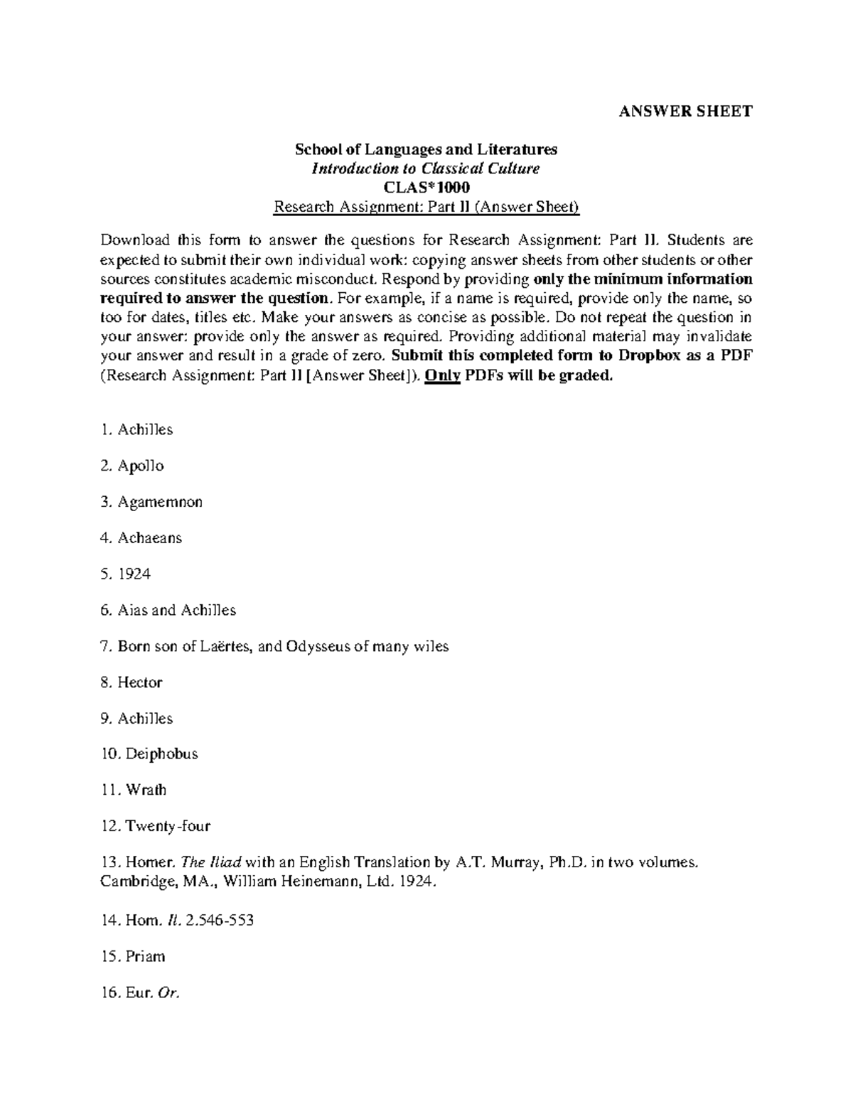 Research Assignment Part II Answer Sheet - ANSWER SHEET School of ...