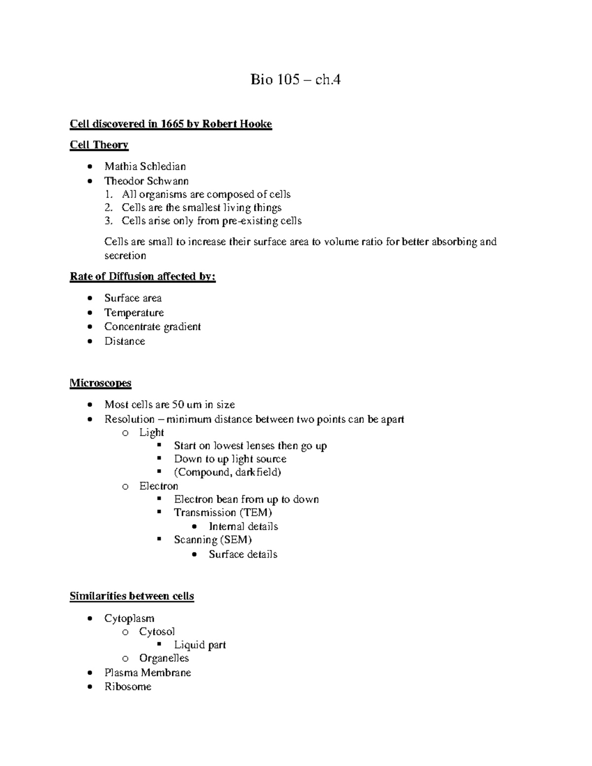 Ch4TheCellandalltheparts - Bio 105 ch Cell discovered in 1665 Robert ...