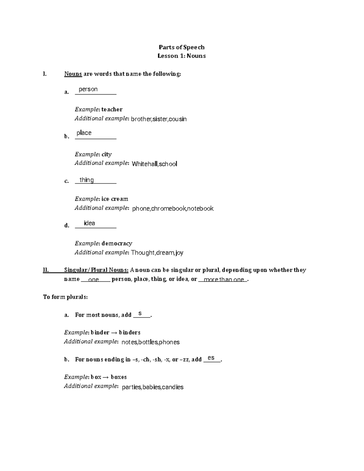Cameron Hines - Noun Packet - Parts of Speech Lesson 1: Nouns I. Nouns ...