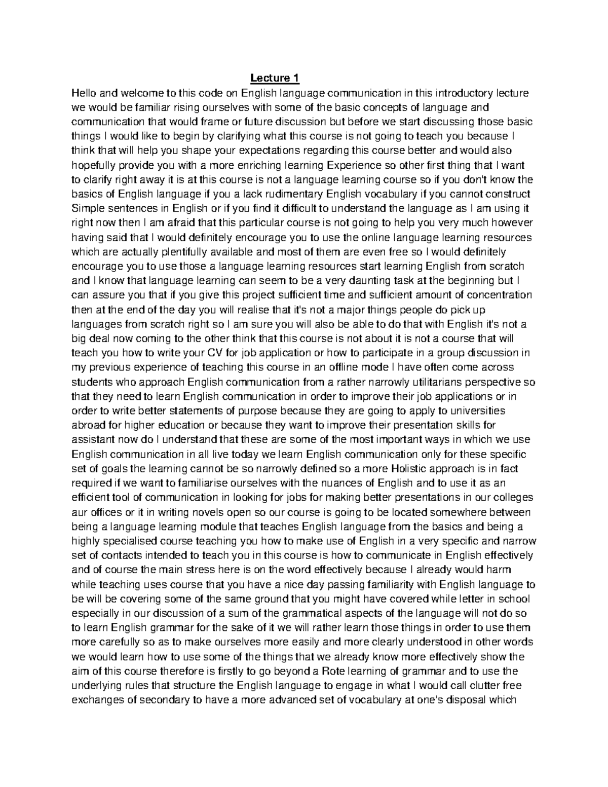 COM200 Transcript - Lecture 1 Hello and welcome to this code on English ...