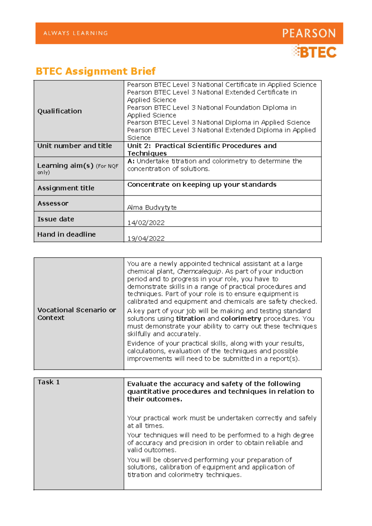 Unit 2 Authorised Assignment Brief for Learning Aim A - BTEC Assignment Brief Qualification ...
