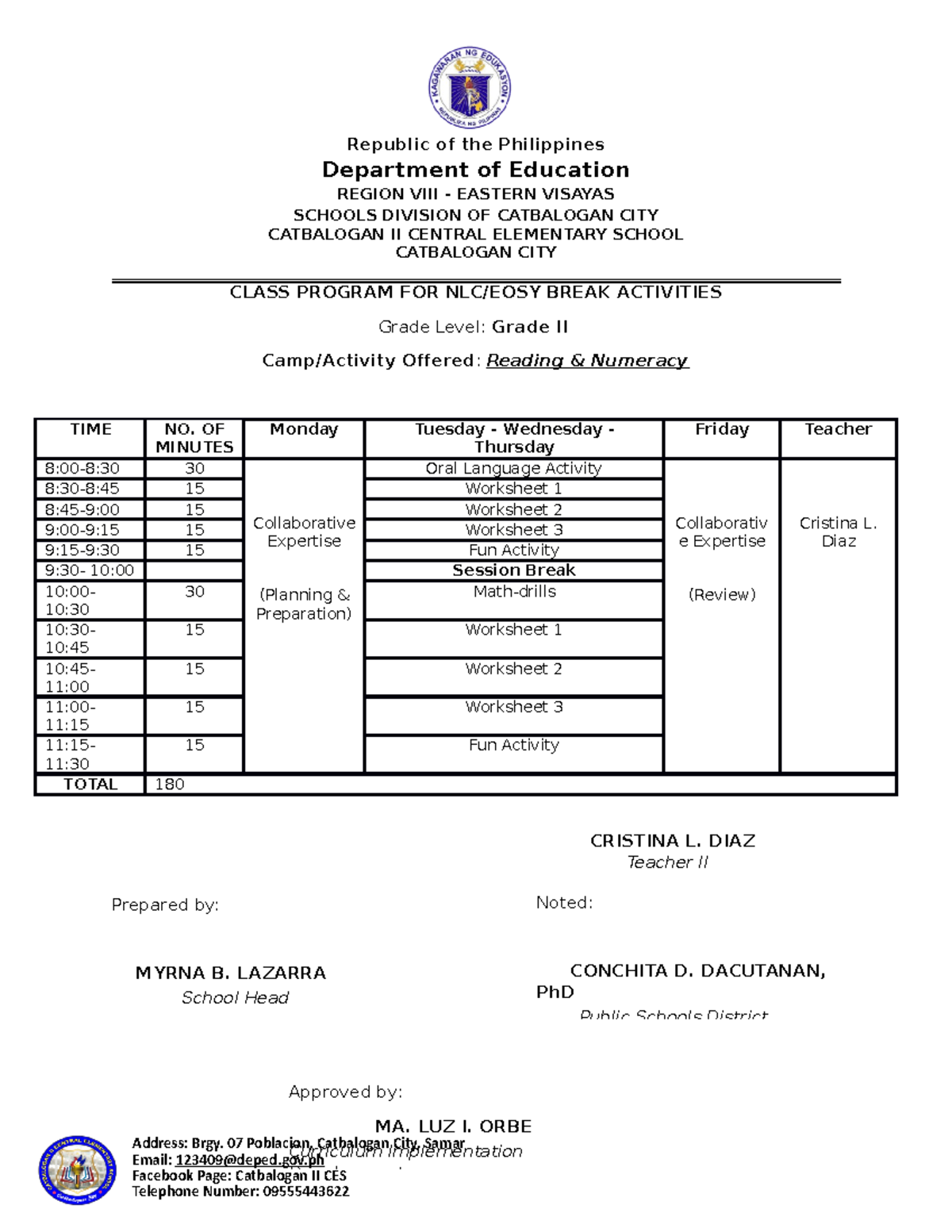 NLC Class Teachers Program CATB.2 CES - Republic of the Philippines ...
