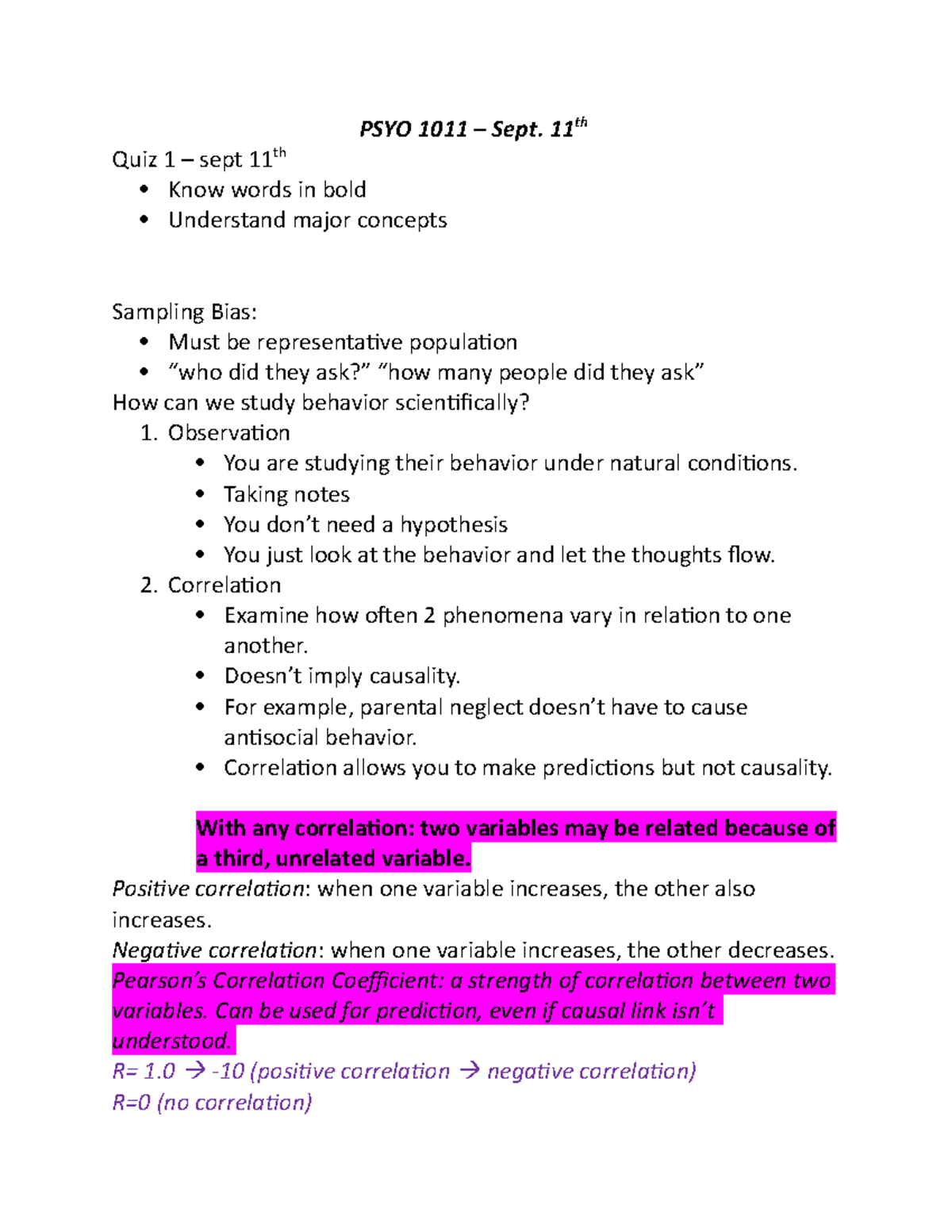 Psyo 1011 Sept. 11th - Lecture notes 2 - PSYO 1011 Sept. 11th Quiz 1 ...