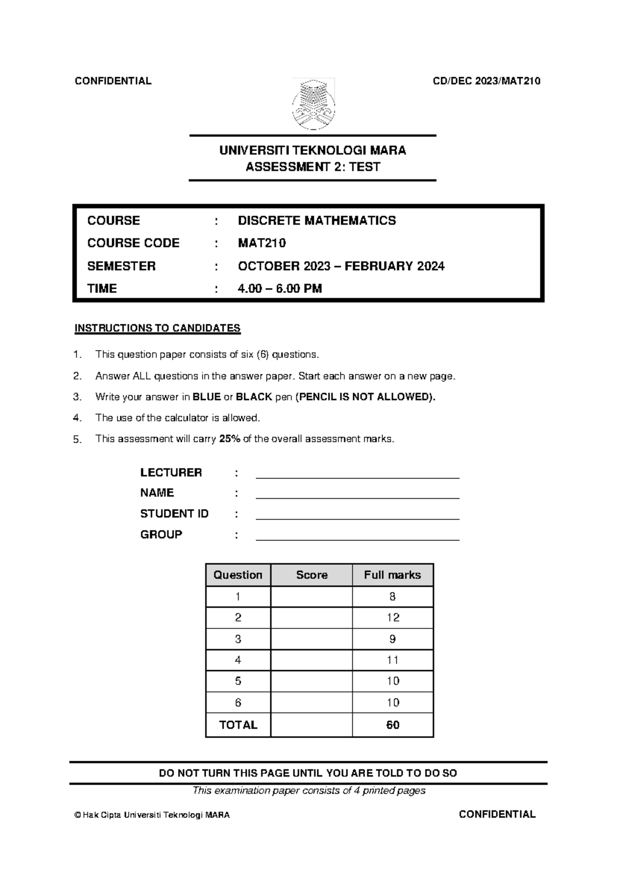 A2 TEST MAT210 DEC2023 - test mat - UNIVERSITI TEKNOLOGI MARA ...