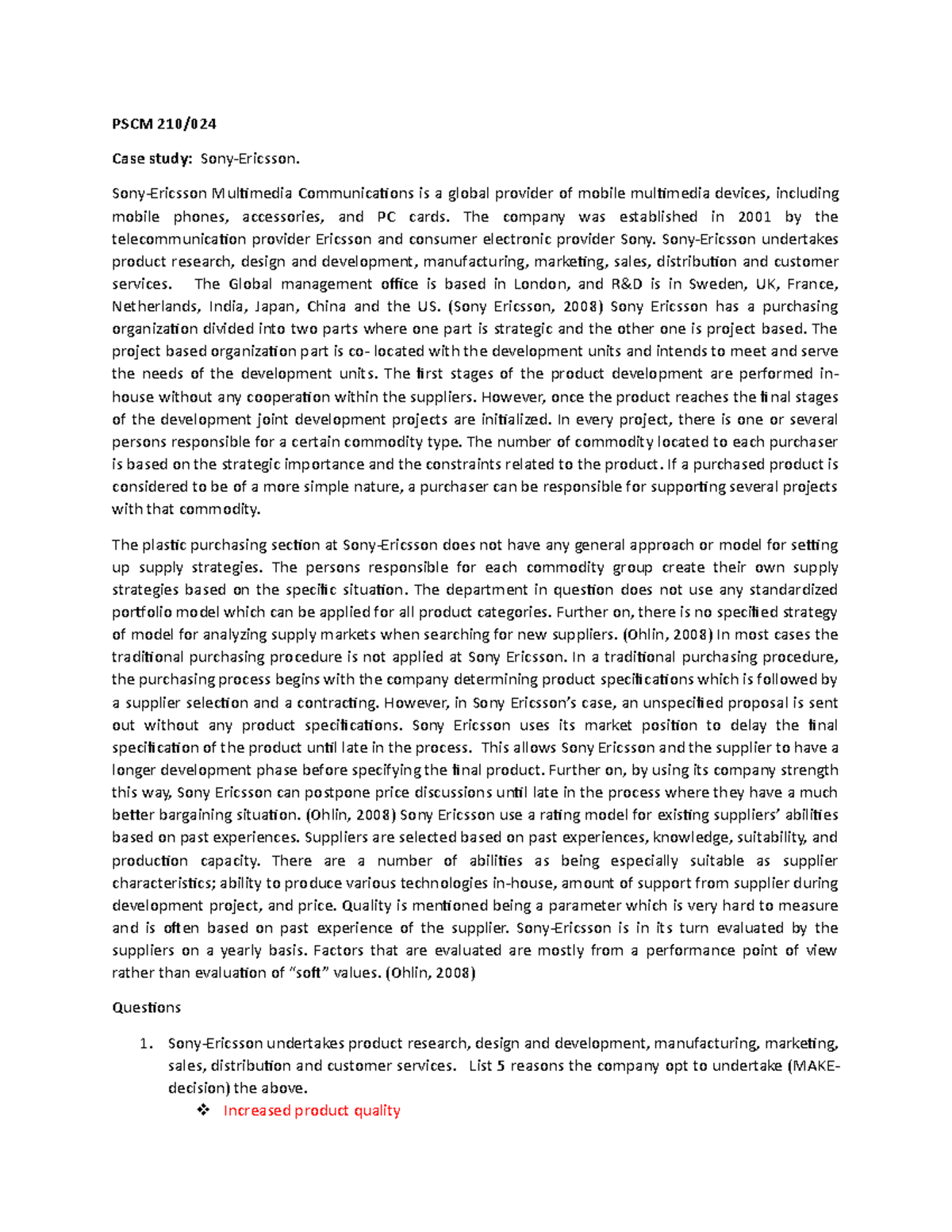 PSCM 210 Sony-Ericsson Case Assignment - PSCM 210/ Case study: Sony‐Ericsson. Sony‐Ericsson ...