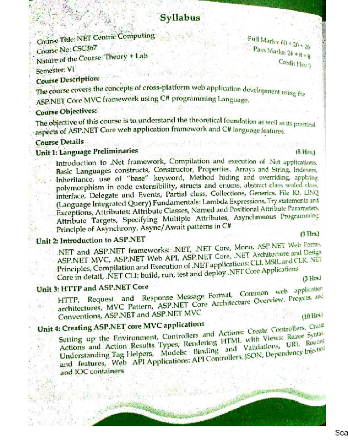 Unit 1 - Language Preliminaries - Syllabus Course Title: NET Centric ...