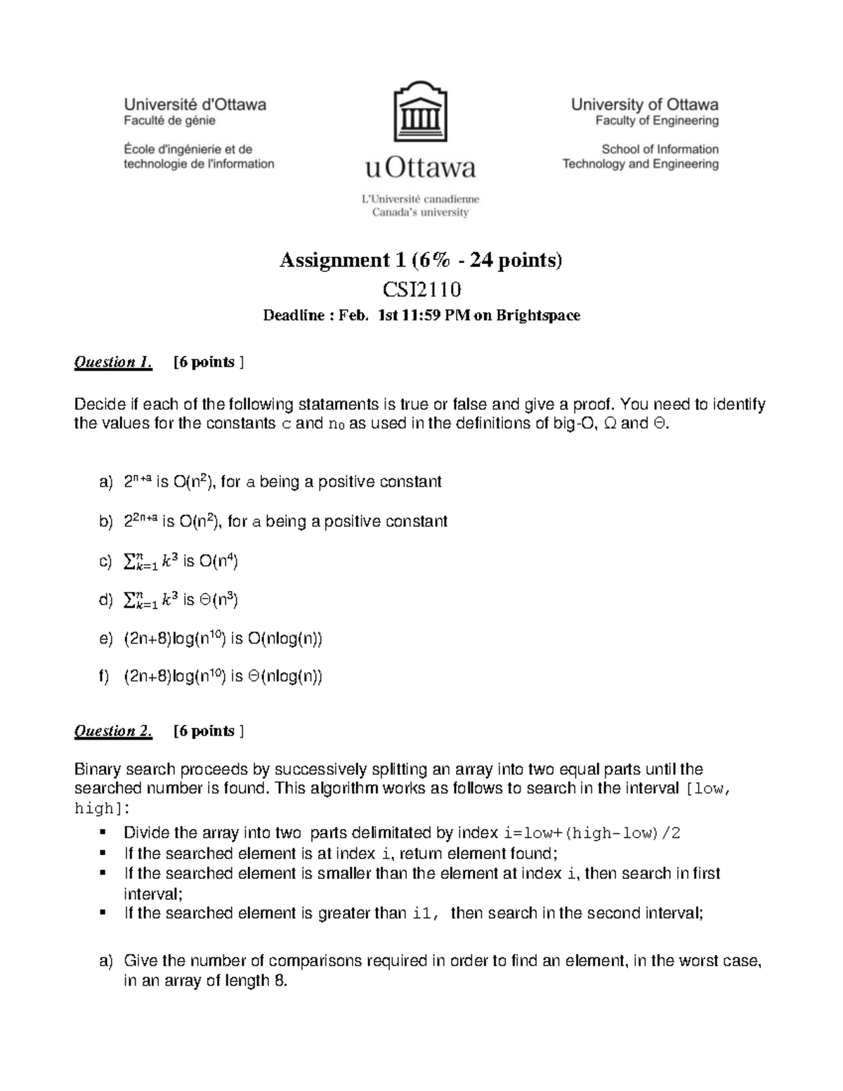 Assignmet 1 - CSI2110 Assignment 1 no solution - Assignment 1 (6% - 24 ...