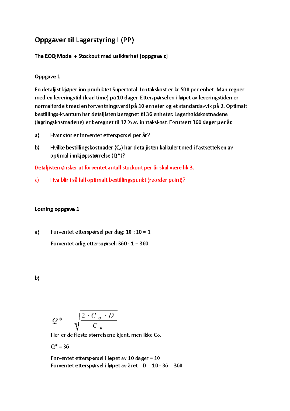 Oppgaver til Lagerstyring I med løsninger - Oppgaver til Lagerstyring I ...