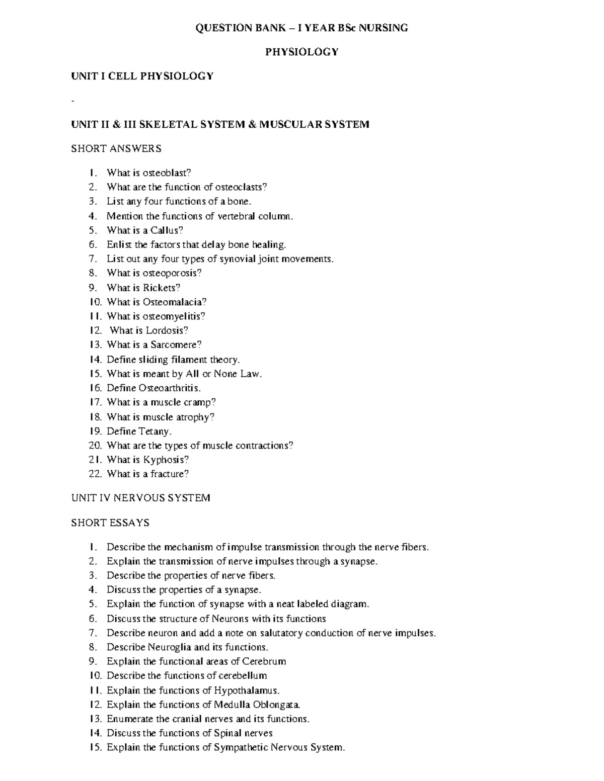1754 physiology question bank - QUESTION BANK – I YEAR BSc NURSING ...