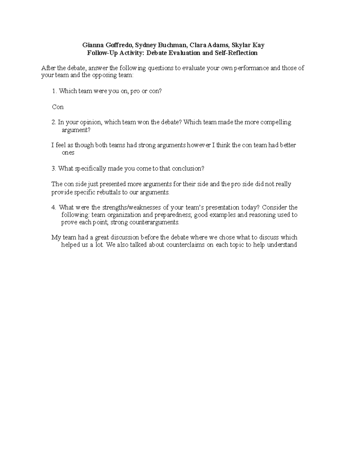 Follow up activity Debate Evaluation and Self reflection - Gianna ...