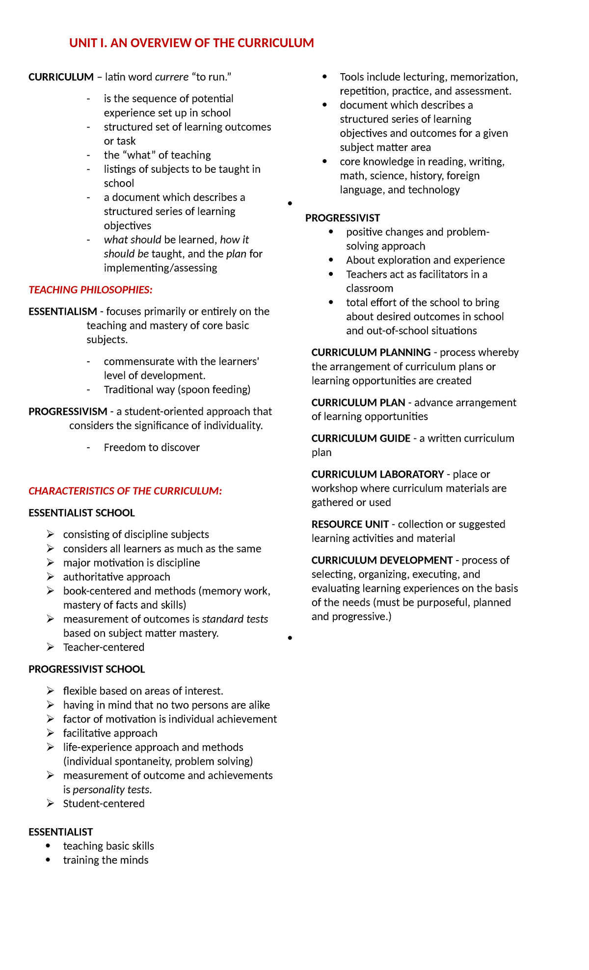 UNIT I. Curriculum - PROF ED 5 - UNIT I. AN OVERVIEW OF THE CURRICULUM ...