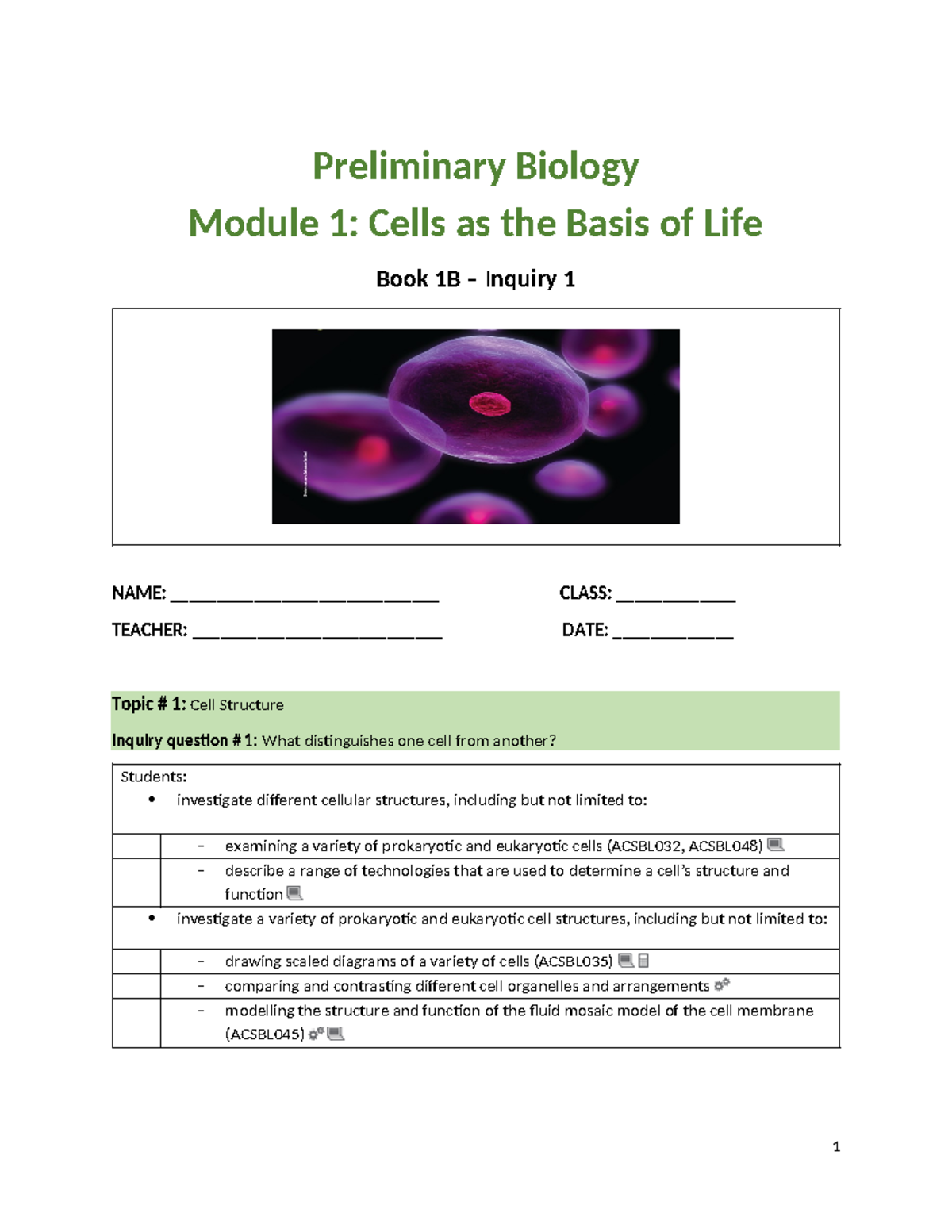Inquiry 1B - cell structure - Preliminary Biology Module 1: Cells as ...