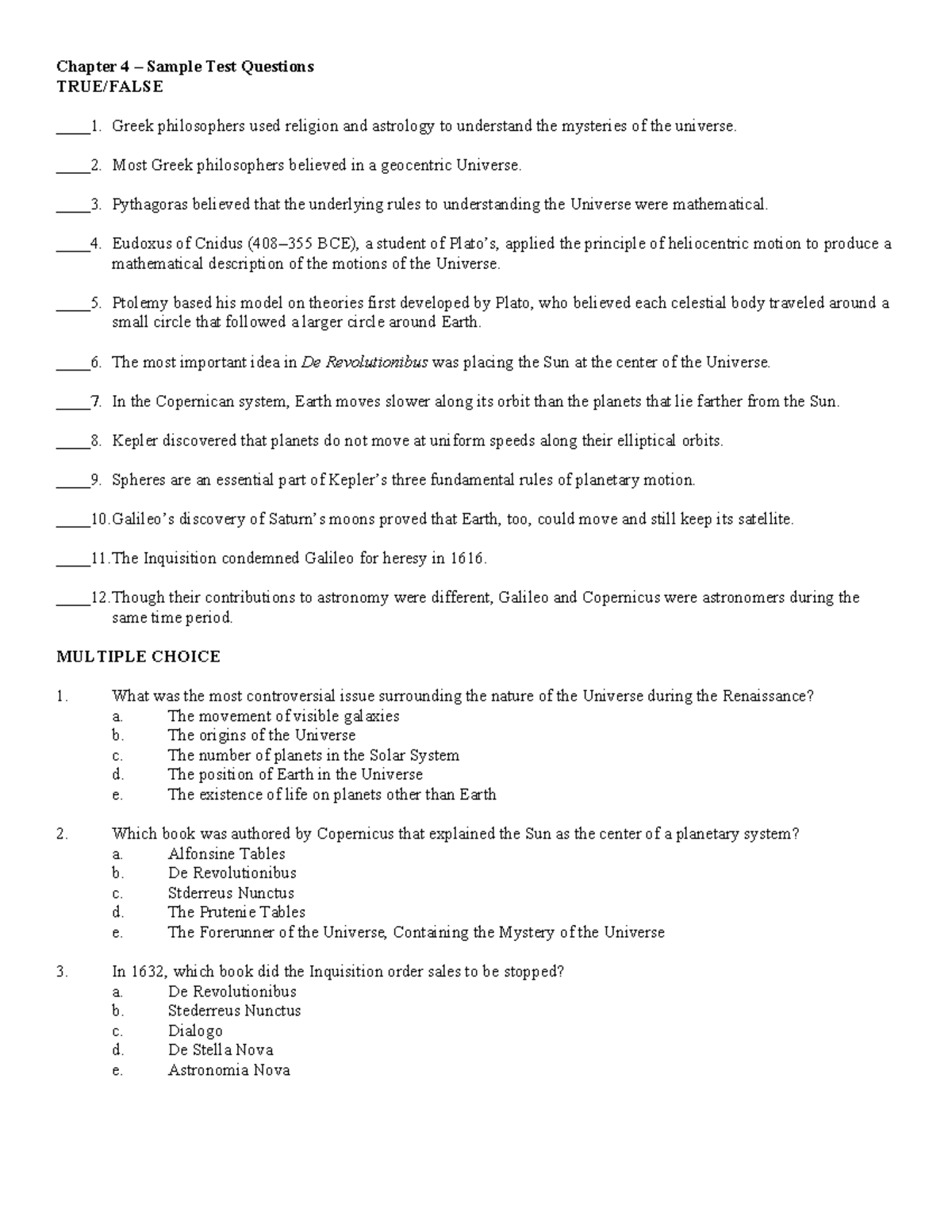 Chapter 4 – Origins of Modern Astronomy - Sample Test Questions ...