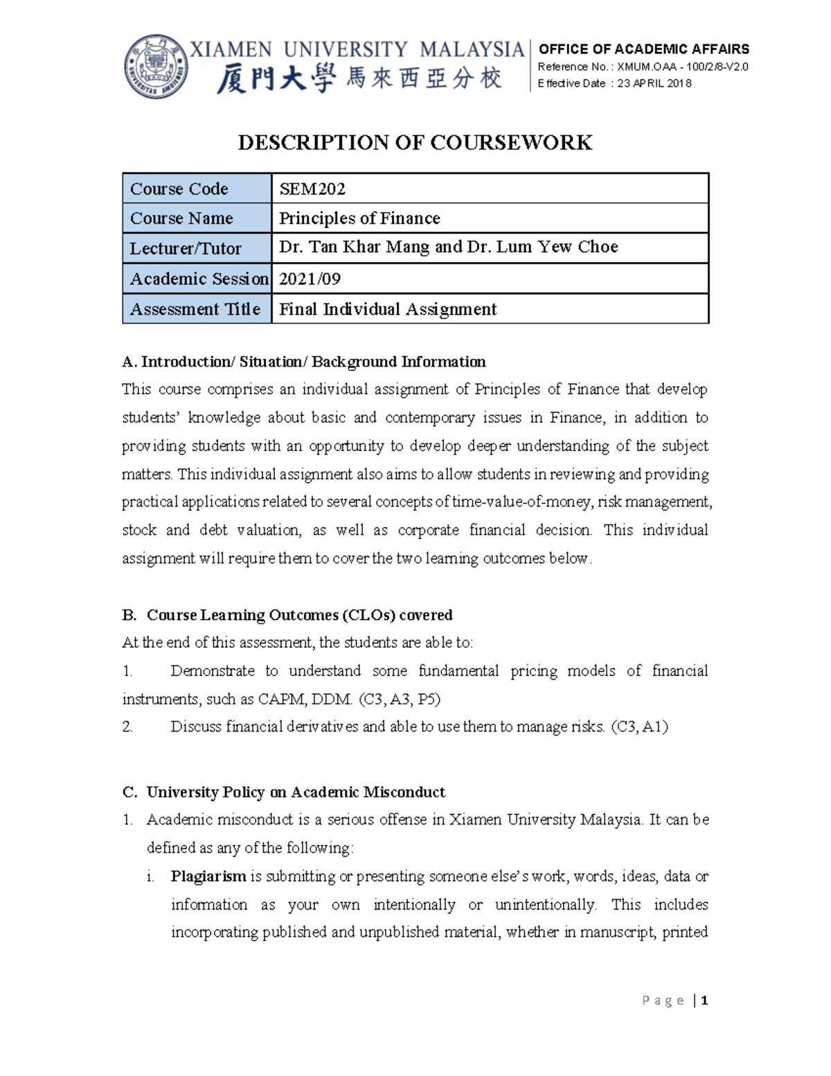 2109final - 111 - DESCRIPTION OF COURSEWORK Course Code SEM Course Name Principles of Finance ...