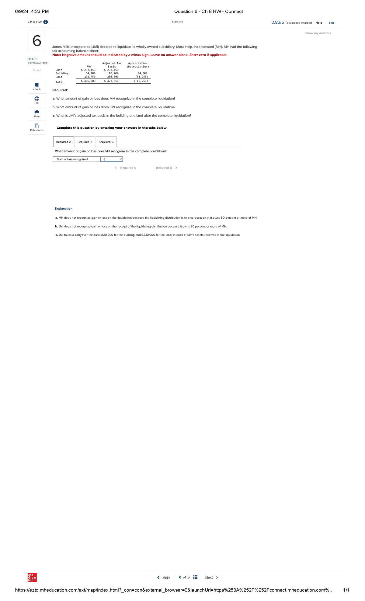 Question 6 - Ch 8 HW - Connect - eBook ⊕ Hint Print p References 6 0 /0. points awarded Scored ...