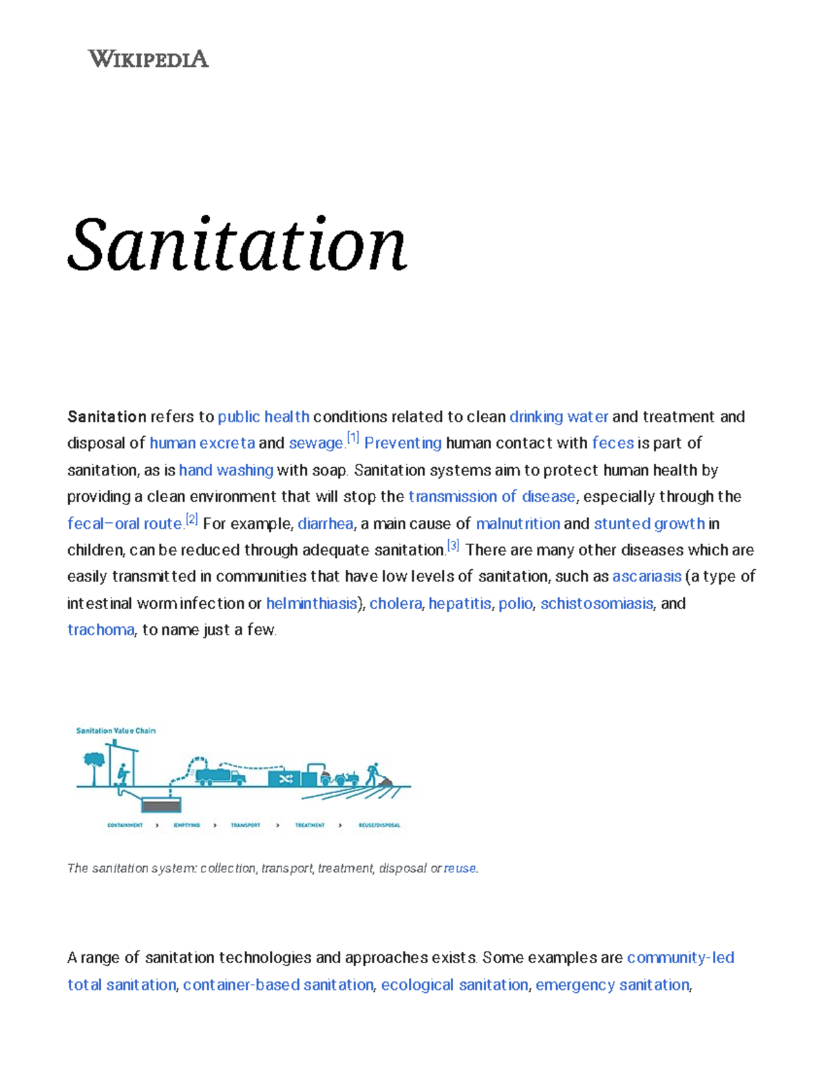 Sanitation - Wikipedia - Sanitation Sanitation refers t o public healt ...