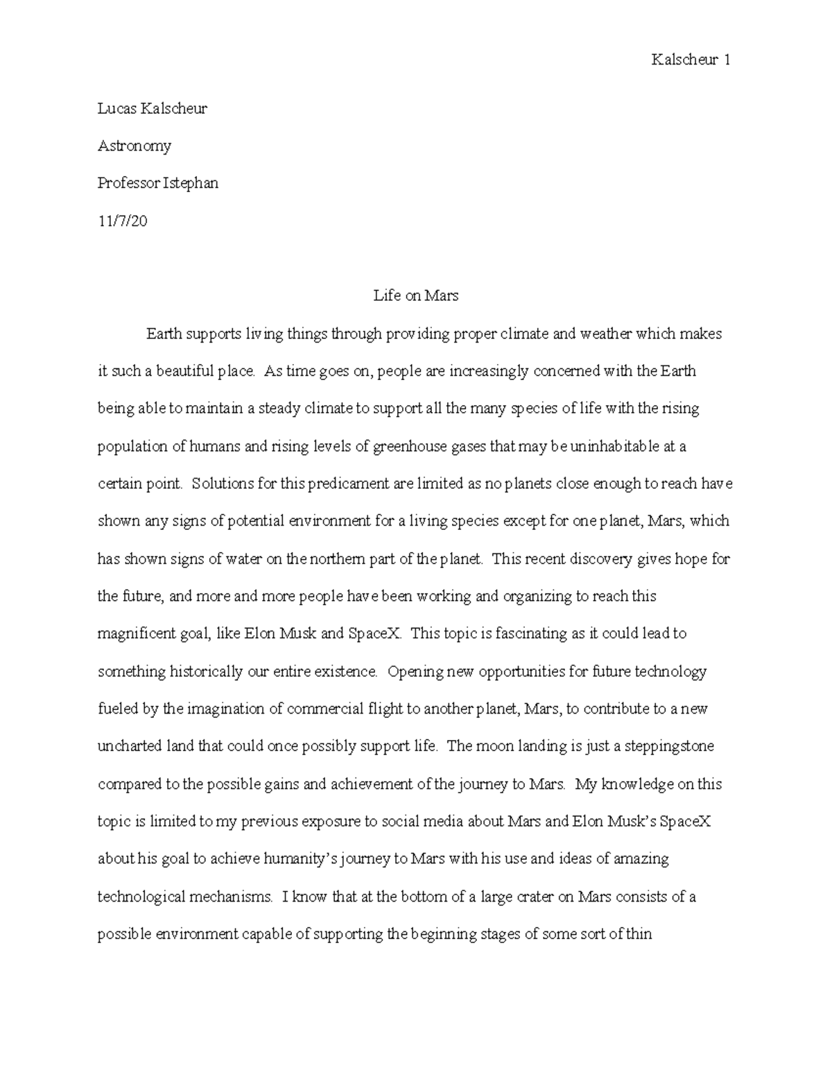 Astronomy Essay - Life on Mars - Lucas Kalscheur Astronomy Professor ...