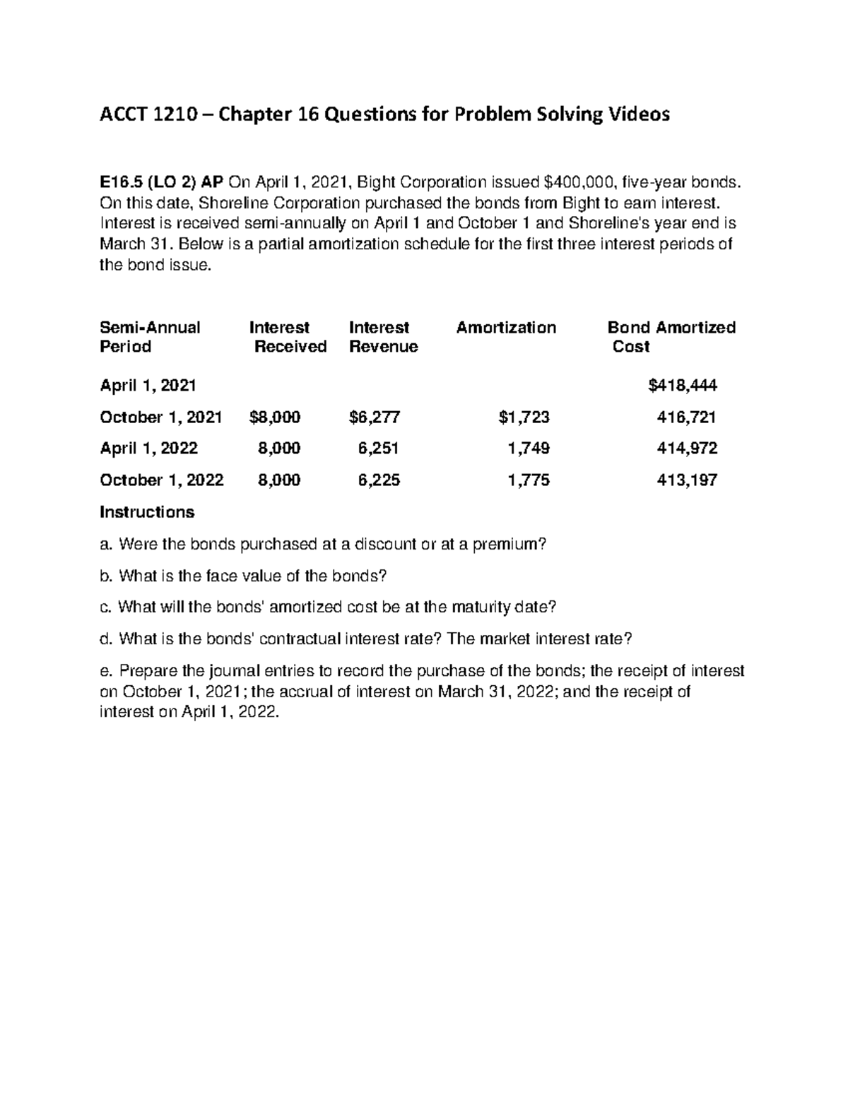 ACCT 1210 Questions for Chapter 16 Problem Solving - ACCT 1210 – Chapter 16 Questions for ...