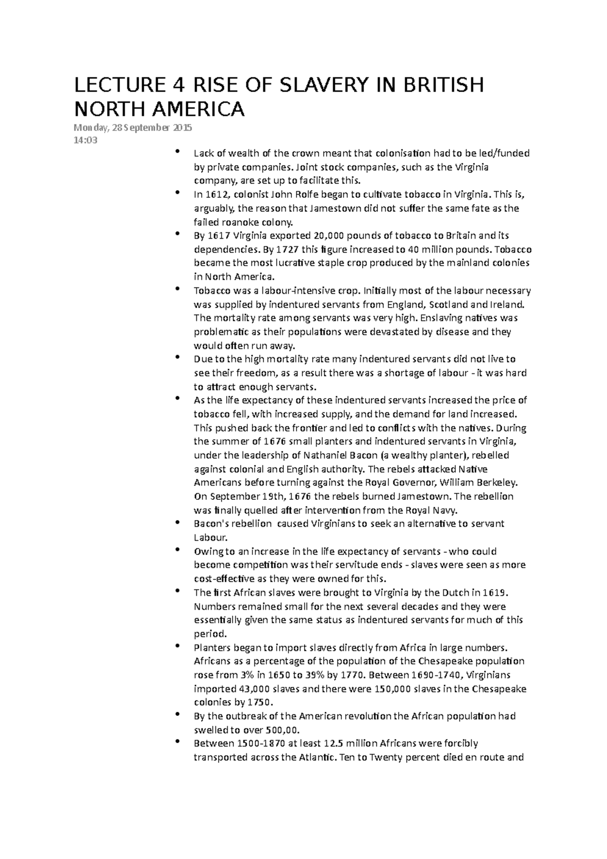 Lecture 4 RISE OF Slavery IN British North America - LECTURE 4 RISE OF ...