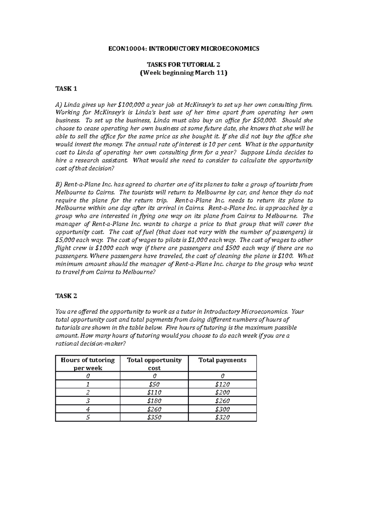 W2 in-tute - Week 2 tutorial questions - ECON10004: INTRODUCTORY ...