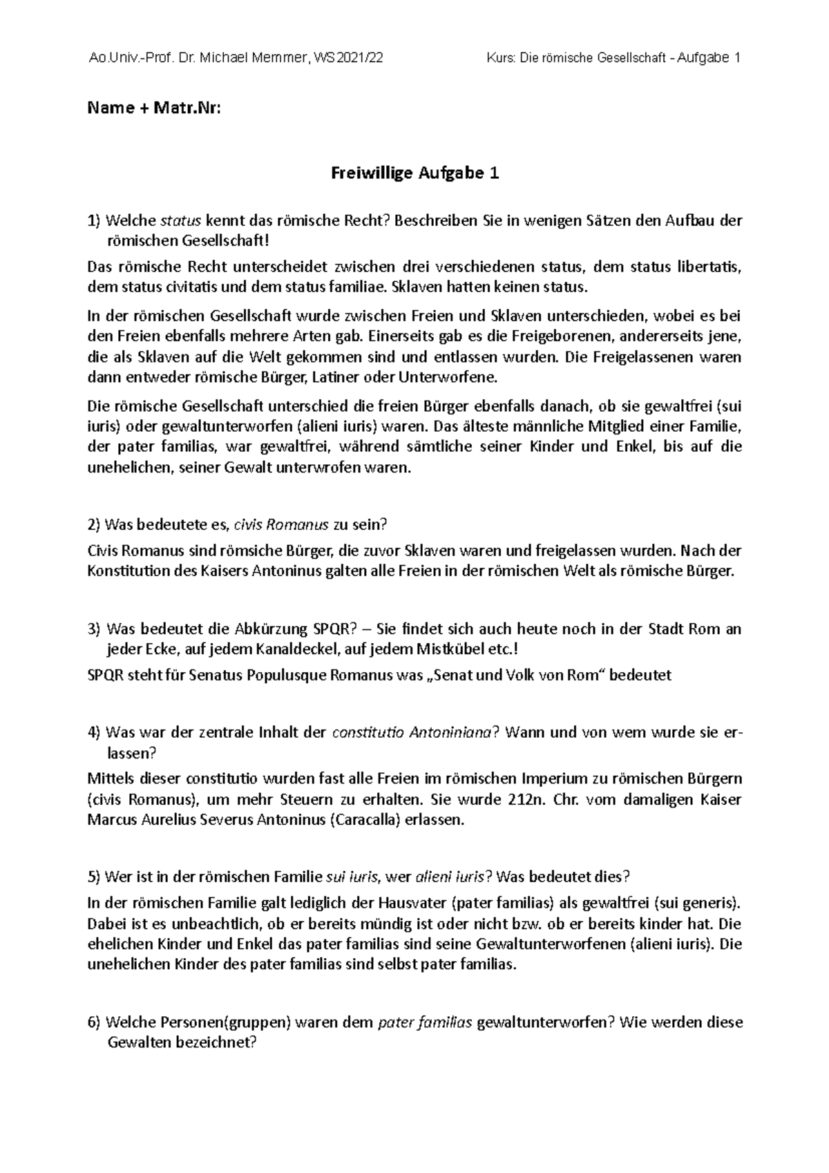 Römische Gesellschaft 1. Aufgabe - Ao.-Prof. Dr. Michael Memmer, WS ...