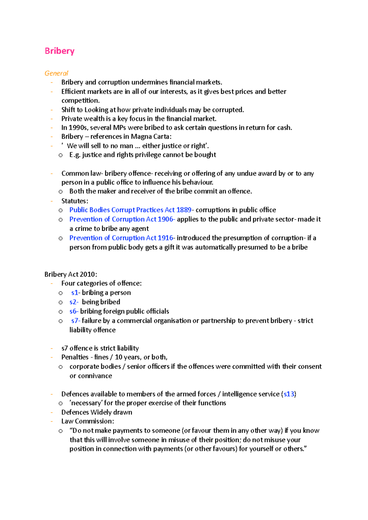 Financial Crime- Bribery notes - Bribery General - Bribery and ...