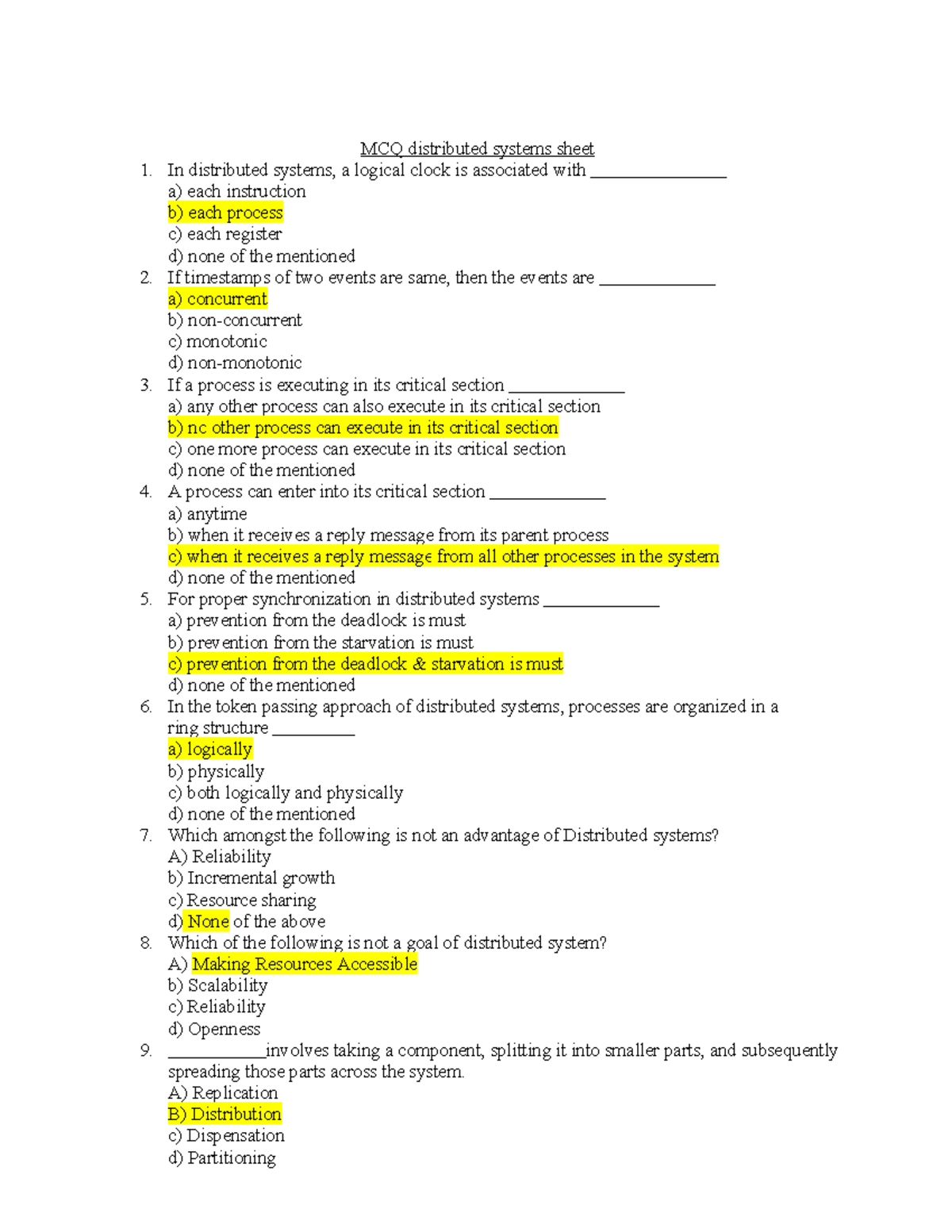 Mcq Msq Questions Mcq Distributed Systems Sheet In Distributed Systems A Logical Clock Is