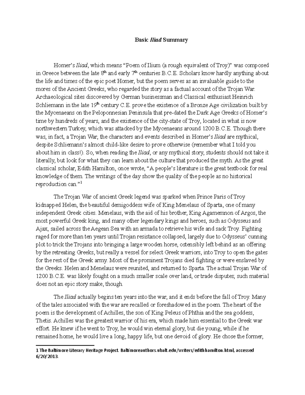 Homer - Basic Iliad Summary Homer’s Iliad, which means “Poem of Ilium ...