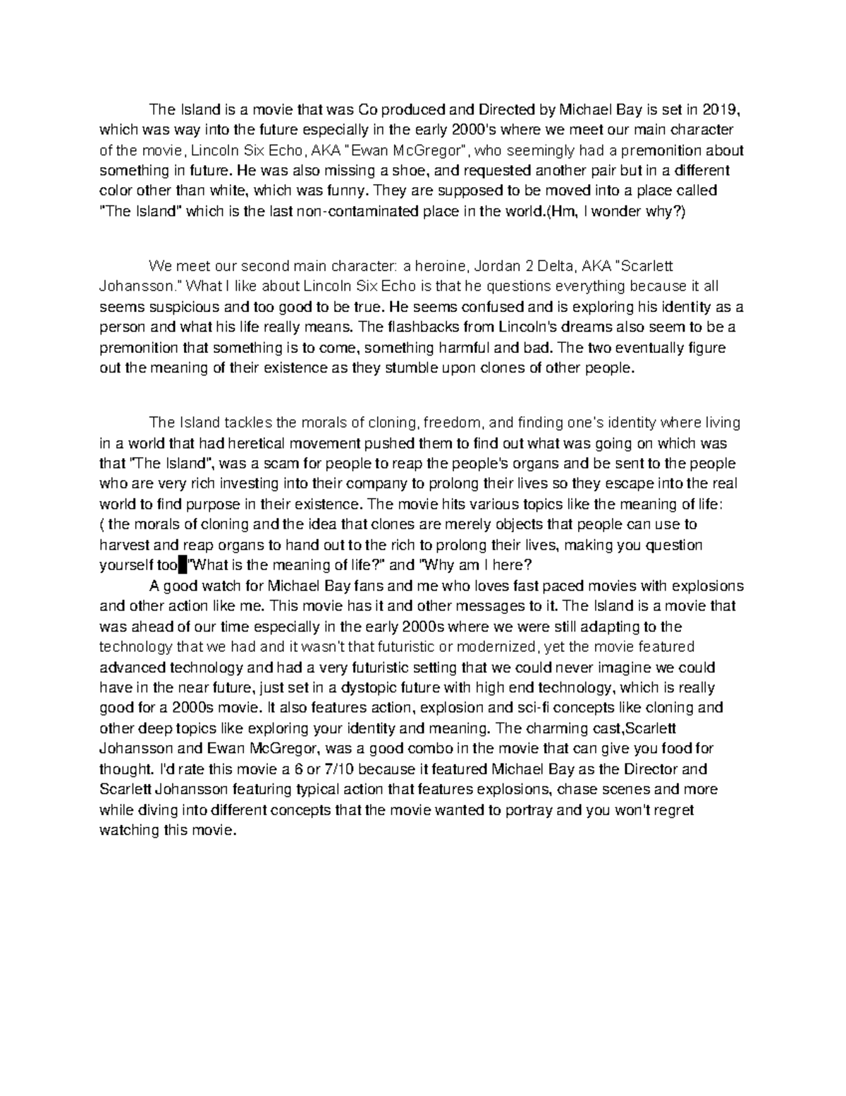 Reflection paper - The Island is a movie that was Co produced and ...