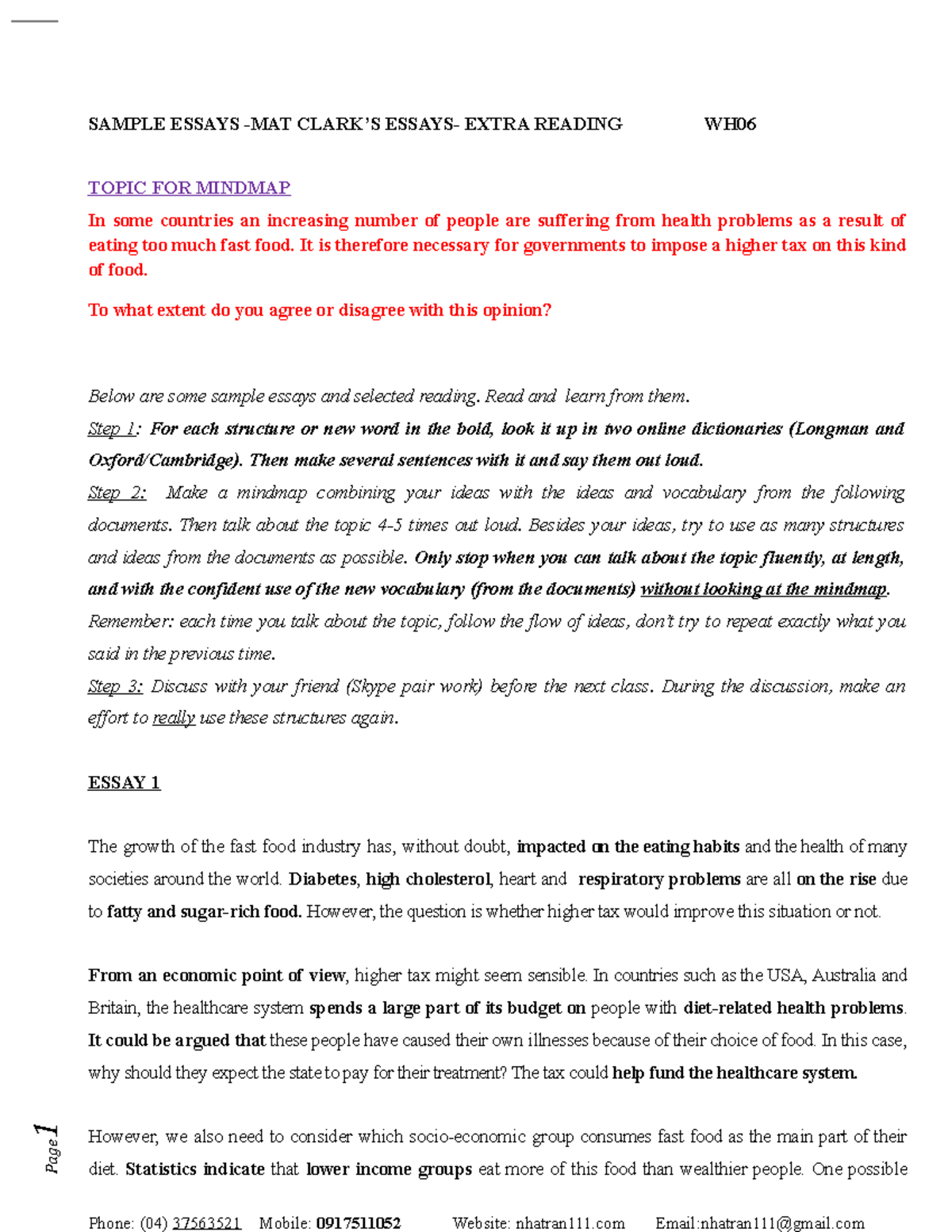 WH06-TASK 2- Extra Reading- Sample Essays - SAMPLE ESSAYS -MAT CLARK’S ...