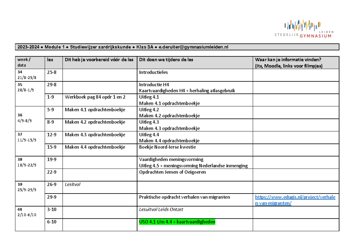 Studiewijzer aardrijkskunde klas 3A module 1 - week / data les Dit heb ...