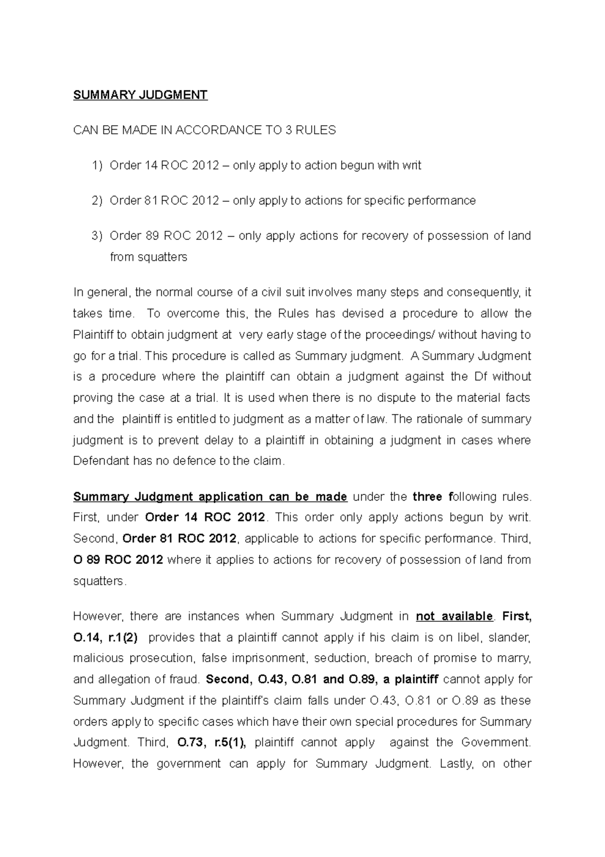 Topic: Summary Judgment under Order 14, 81 & 89 - SUMMARY JUDGMENT CAN ...