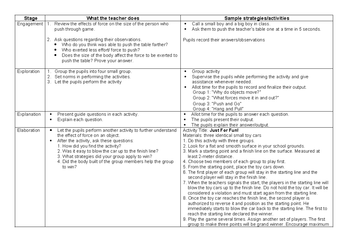 5-Es - lesson plan - Stage What the teacher does Sample strategies ...