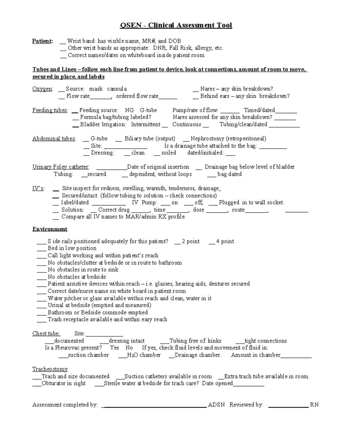 Clinical Safety Room Assessment Tool - QSEN - Clinical Assessment Tool ...