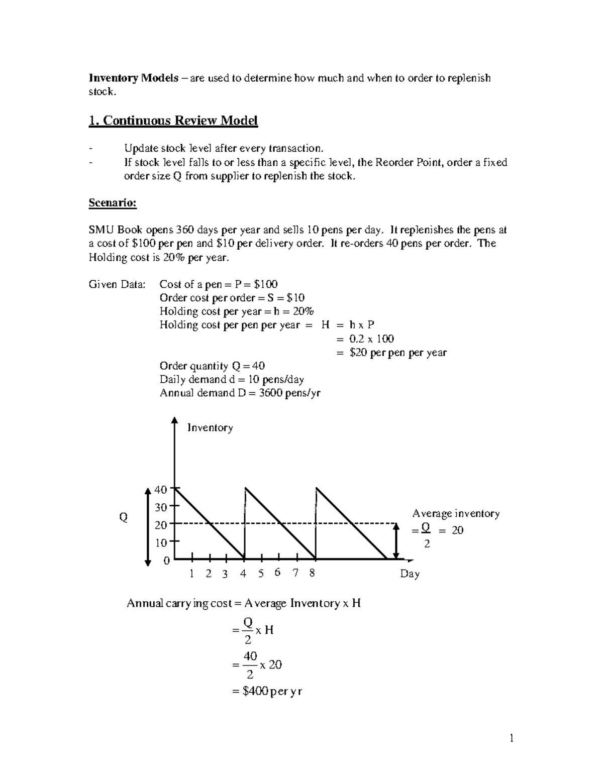 Inventory Models - 1. Continuous Review Model Update stock level after ...