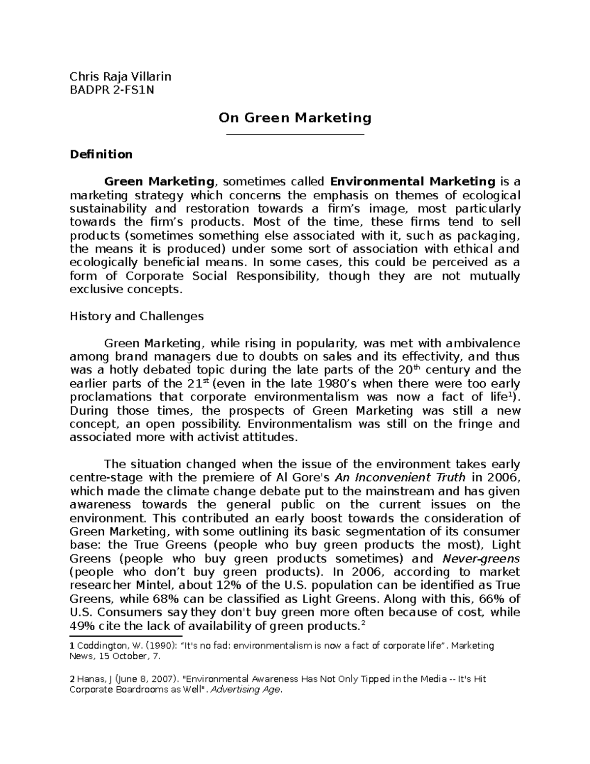 Green Marketing - Chris Raja Villarin BADPR 2-FS1N On Green Marketing ...