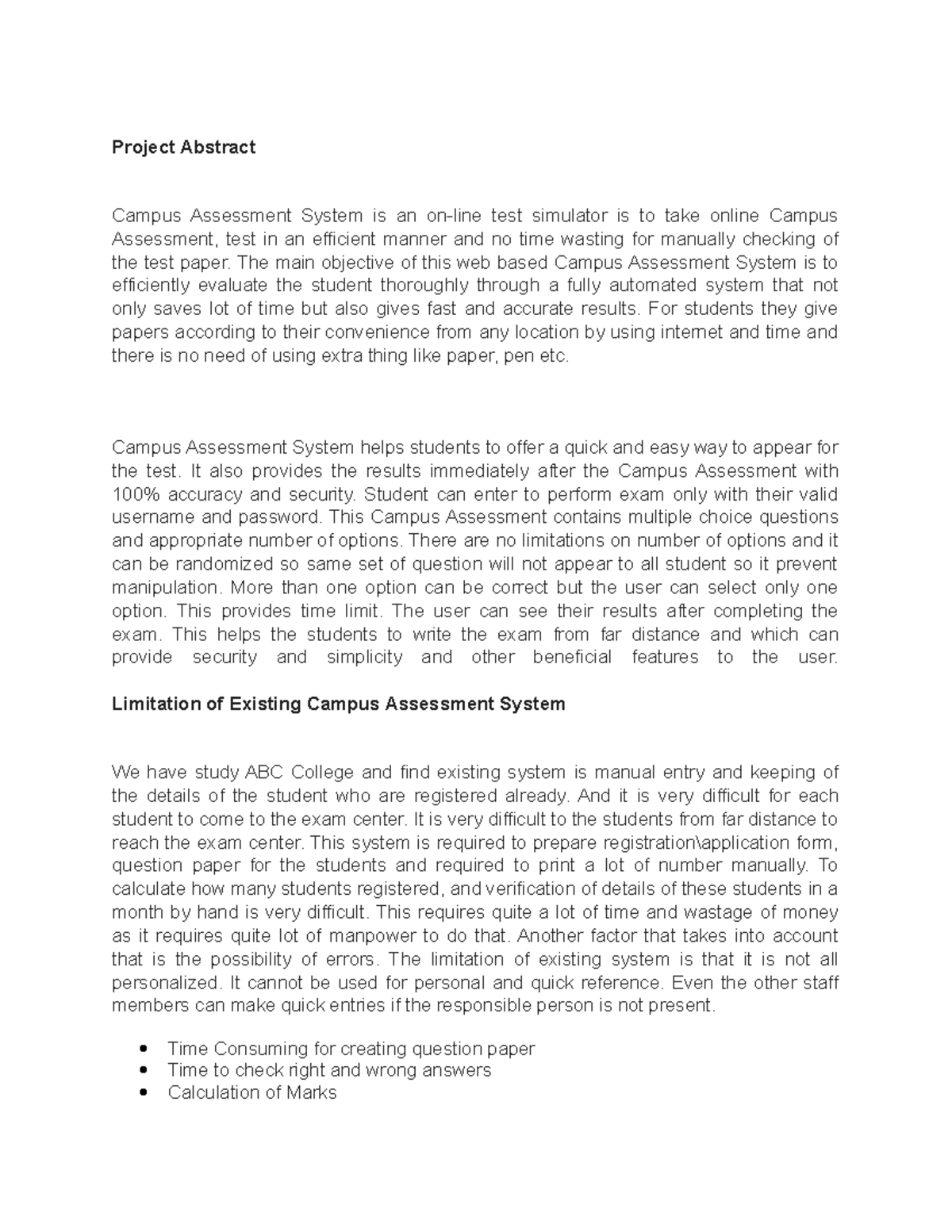 Campus Assessment Abstract - Project Abstract Campus Assessment System ...
