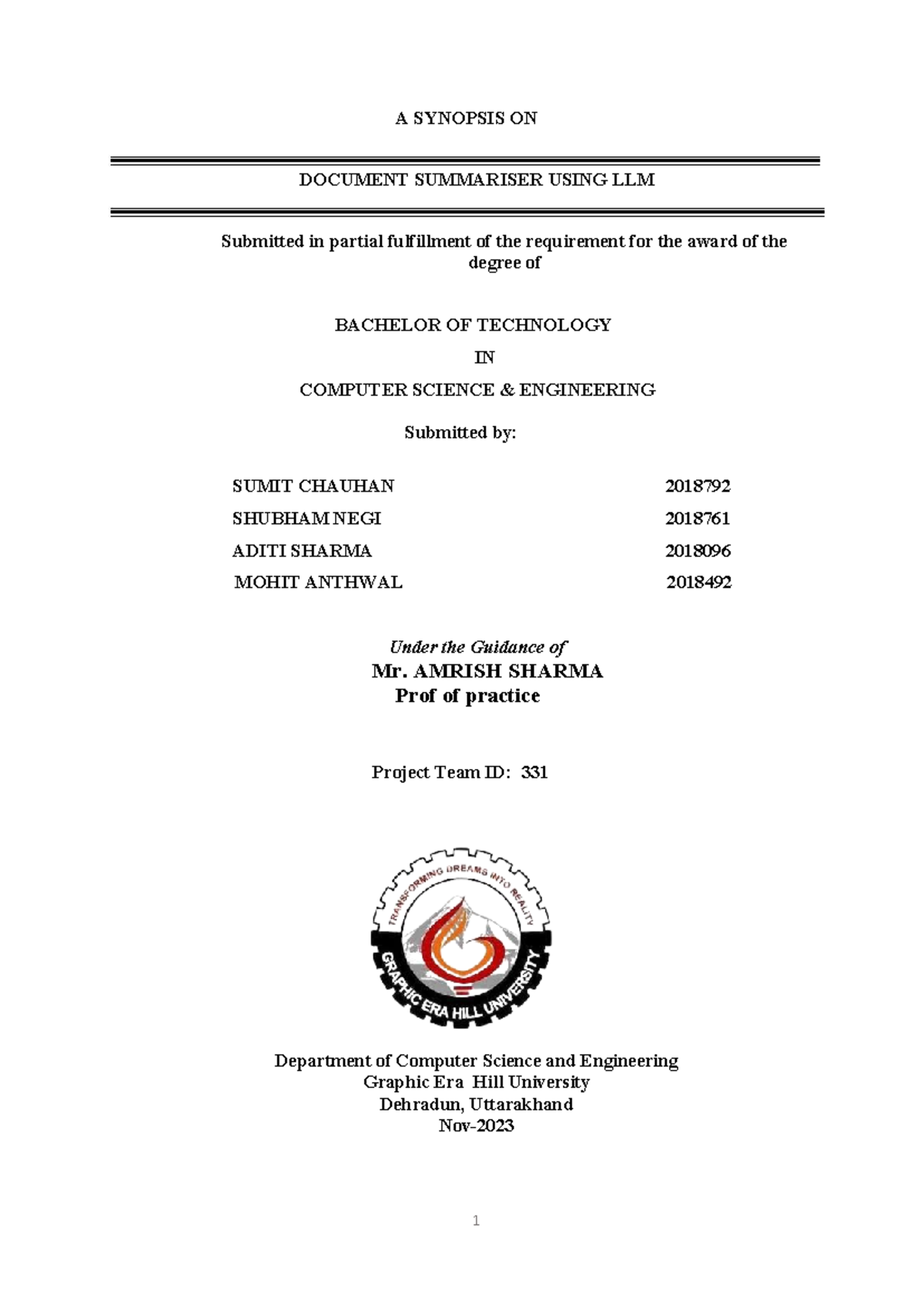 major project synopsys - A SYNOPSIS ON DOCUMENT SUMMARISER USING LLM Submitted in partial - Studocu