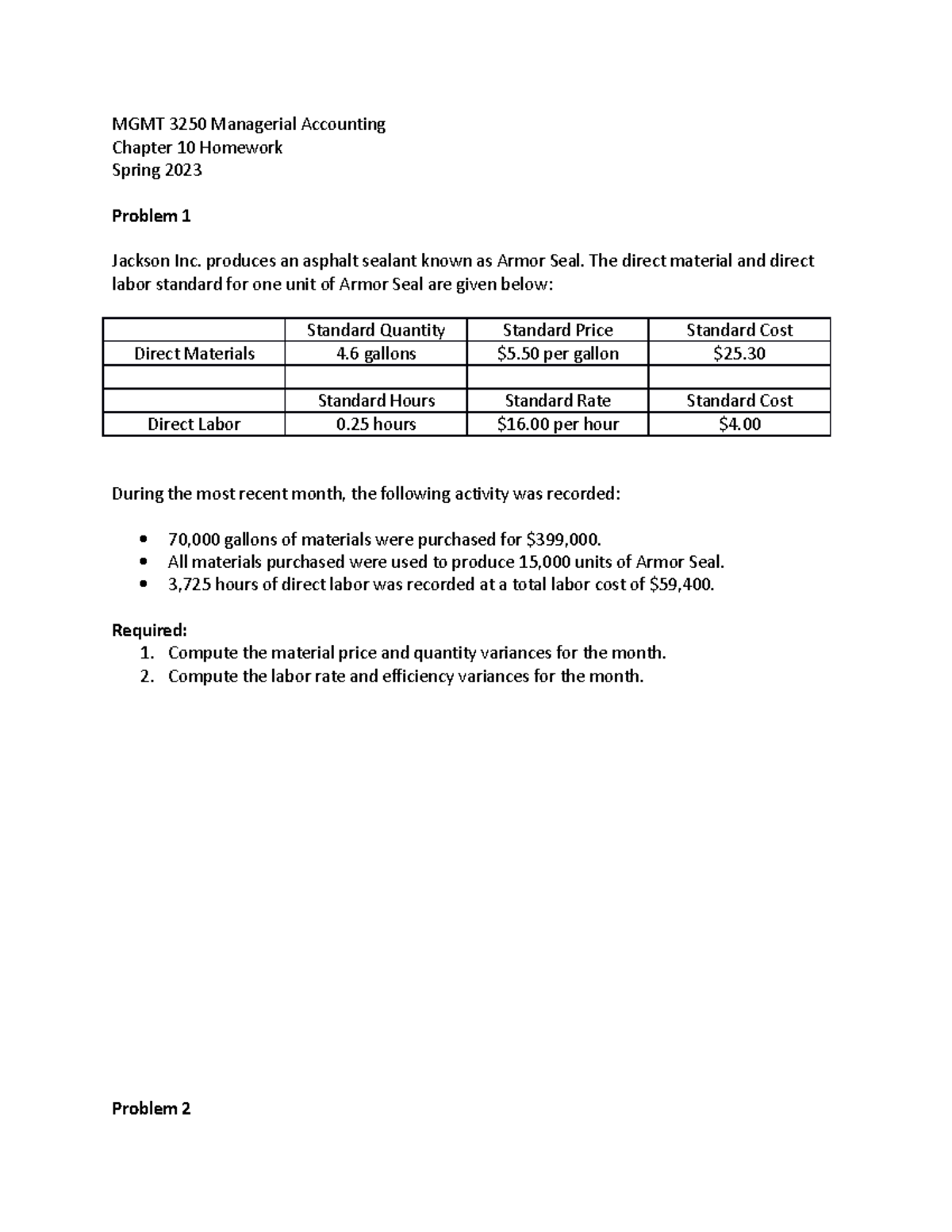 Chapter 10 Homework - course work - MGMT 3250 Managerial Accounting Chapter 10 Homework Spring ...
