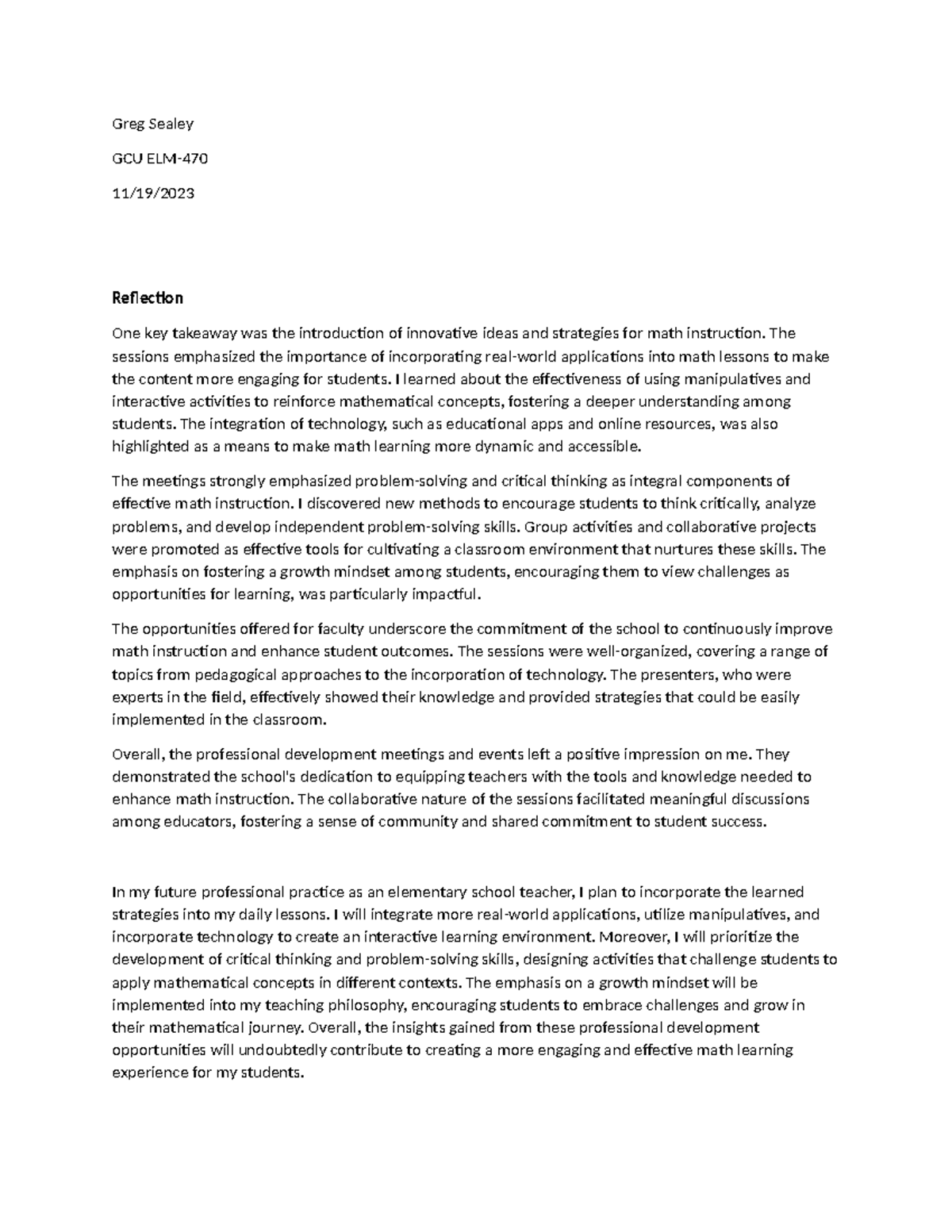 Reflection - Greg Sealey GCU ELM- 11/19/ Reflection One key takeaway ...