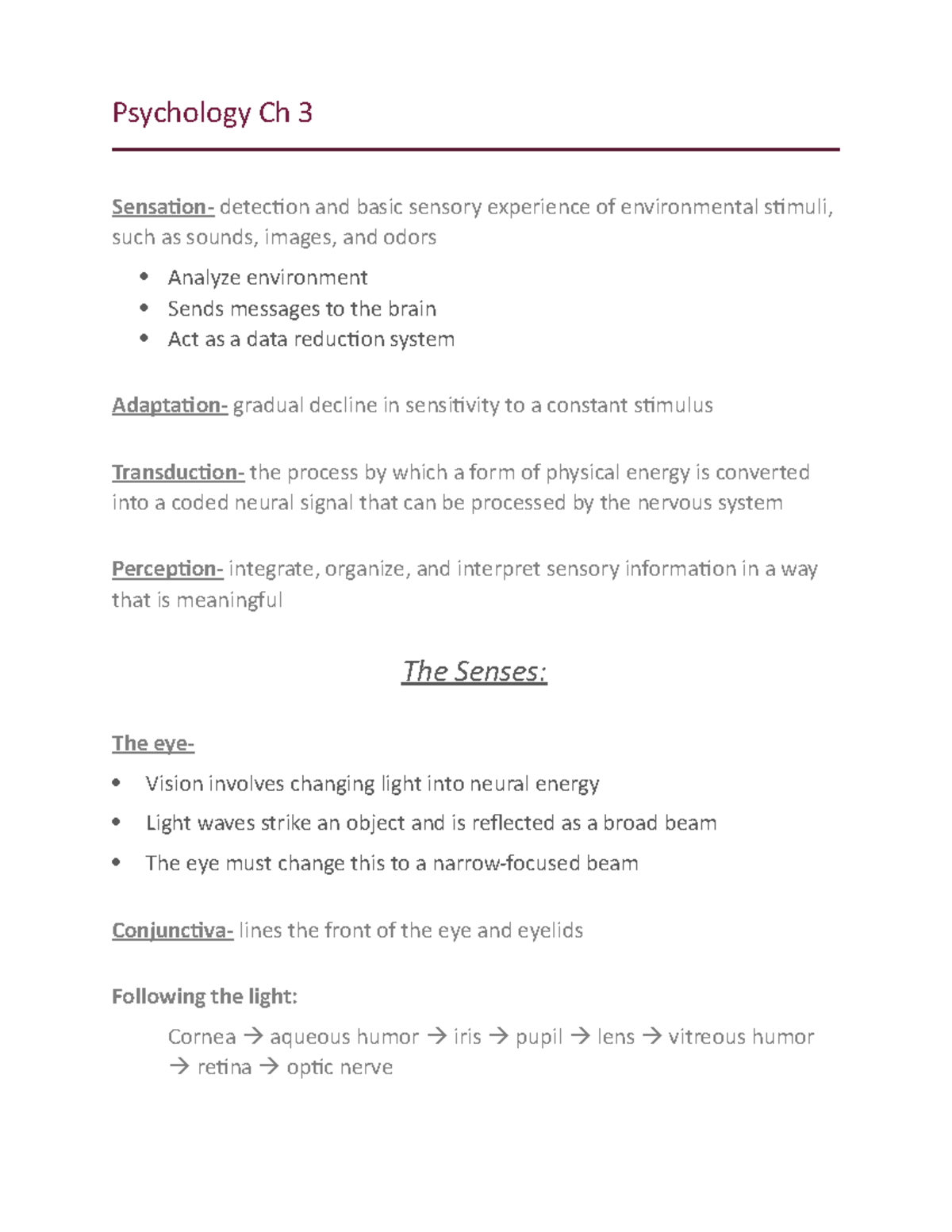 Psychology Ch 3 Sensation - PSYC 2010 - CCRI - Studocu