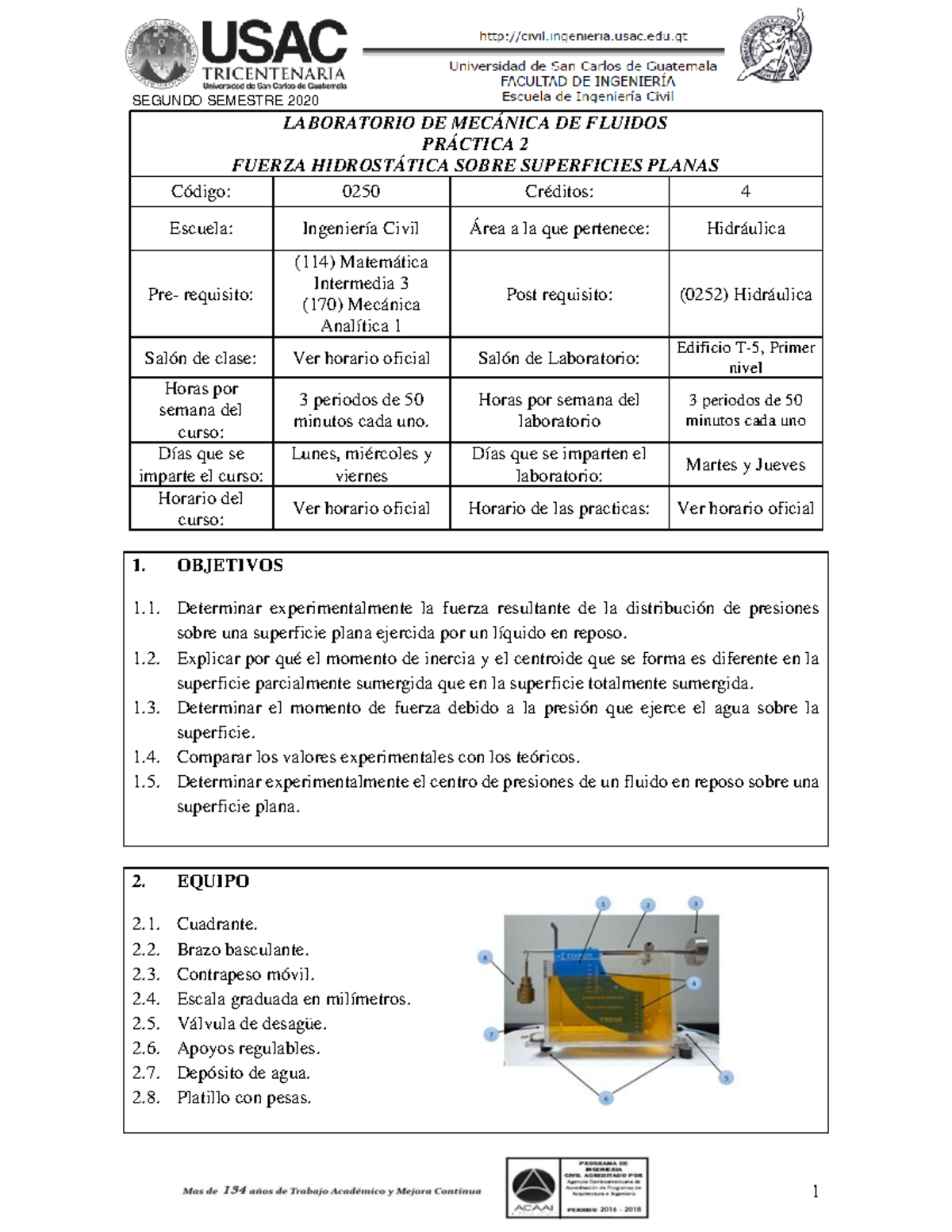 2. Fuerza hidrostática sobre superficies planas 2S2020 - Warning: TT: undefined function: 32 ...