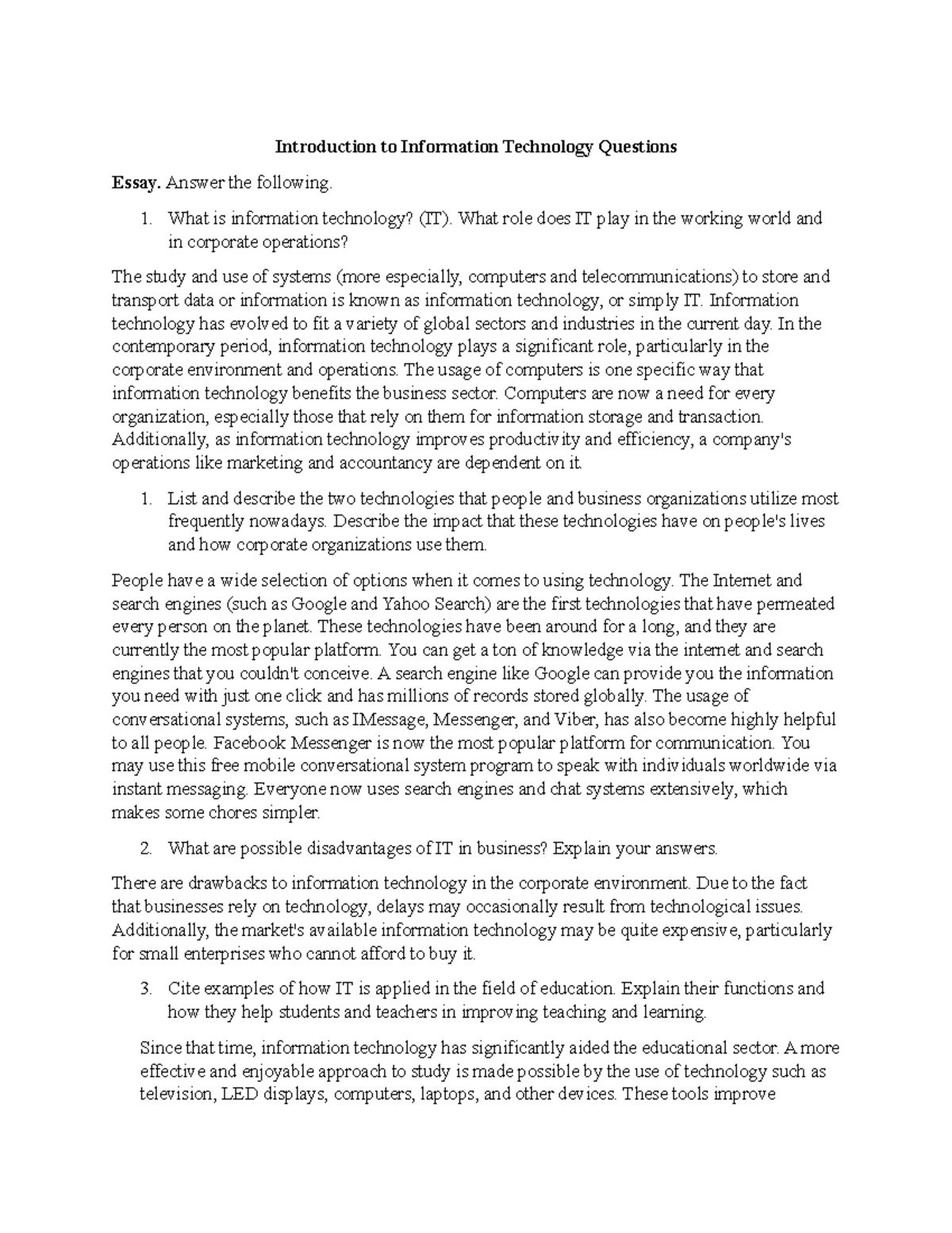 Introduction to Information Technology Questions - Answer the following ...