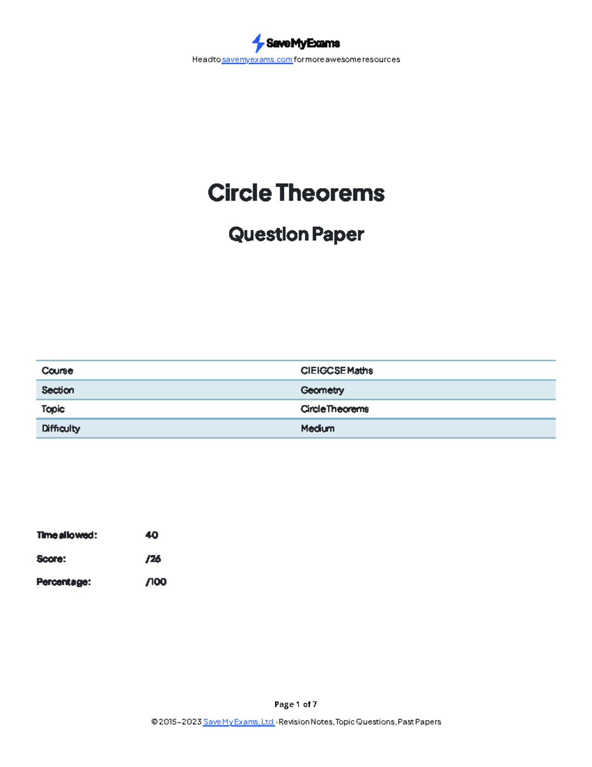 Circle theorem - Page 1 of 7 Circle Theorems Question Paper Course CIE ...