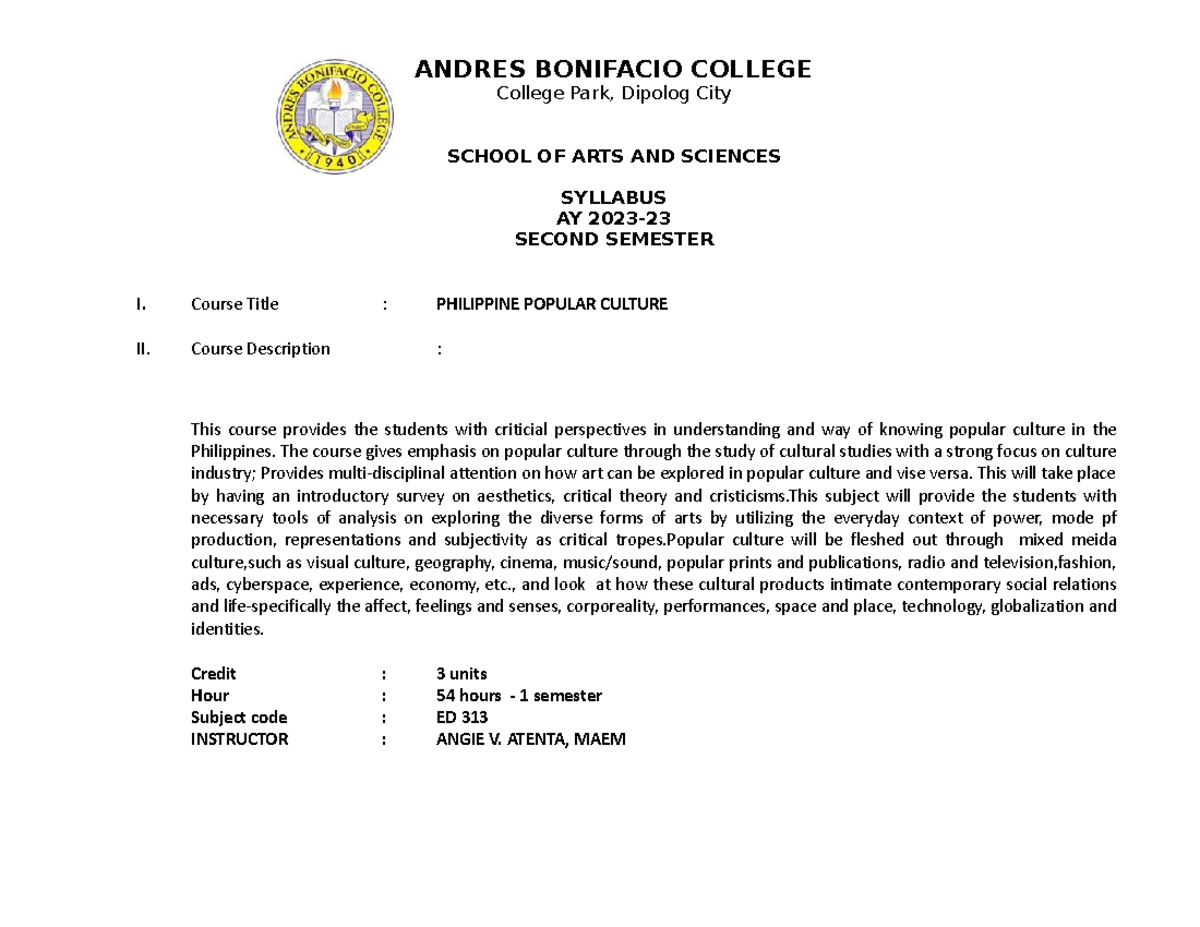 Syllabus ABC Pop Culture - ANDRES BONIFACIO COLLEGE College Park ...