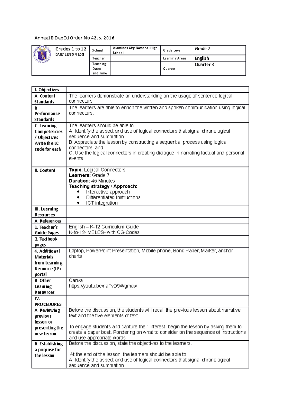 Final LP BSE en - Annex1B DepEd Order No 42 , s. 2016 Grades 1 to 12 ...
