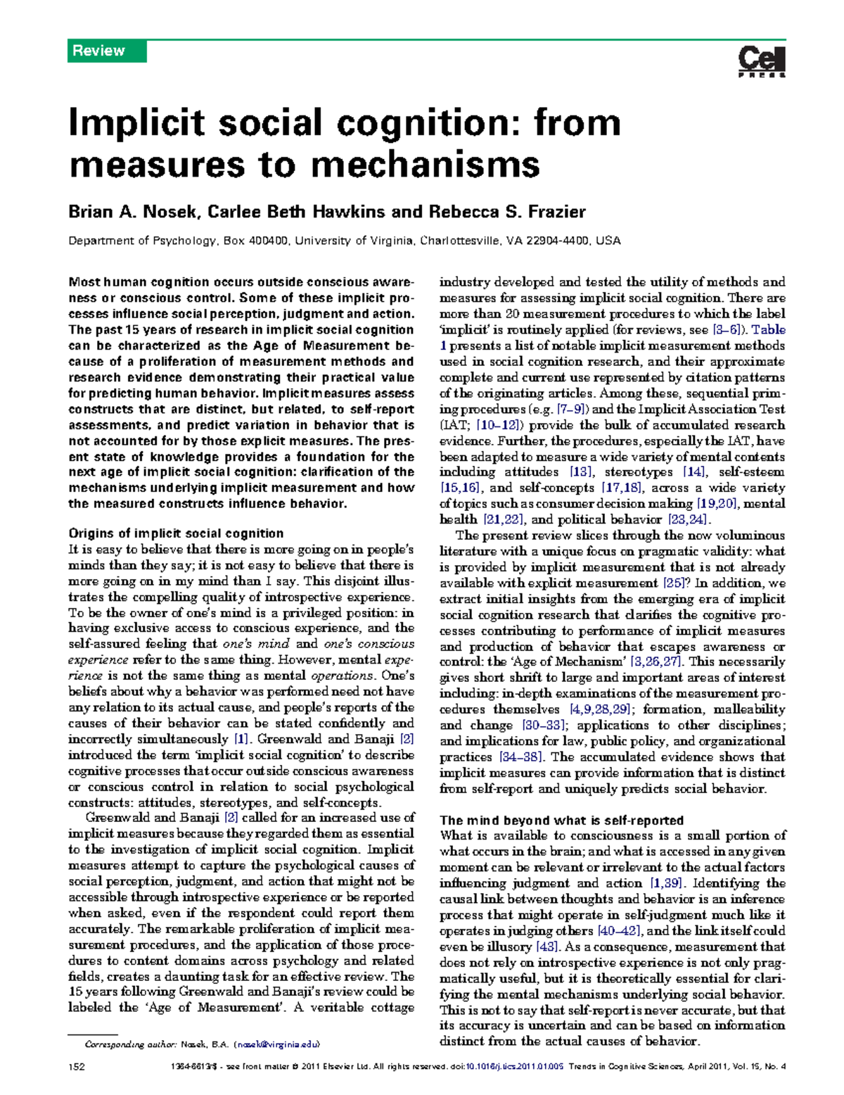 Nosek et al. (2011 ). Implicit social cognition from - Implicit social ...