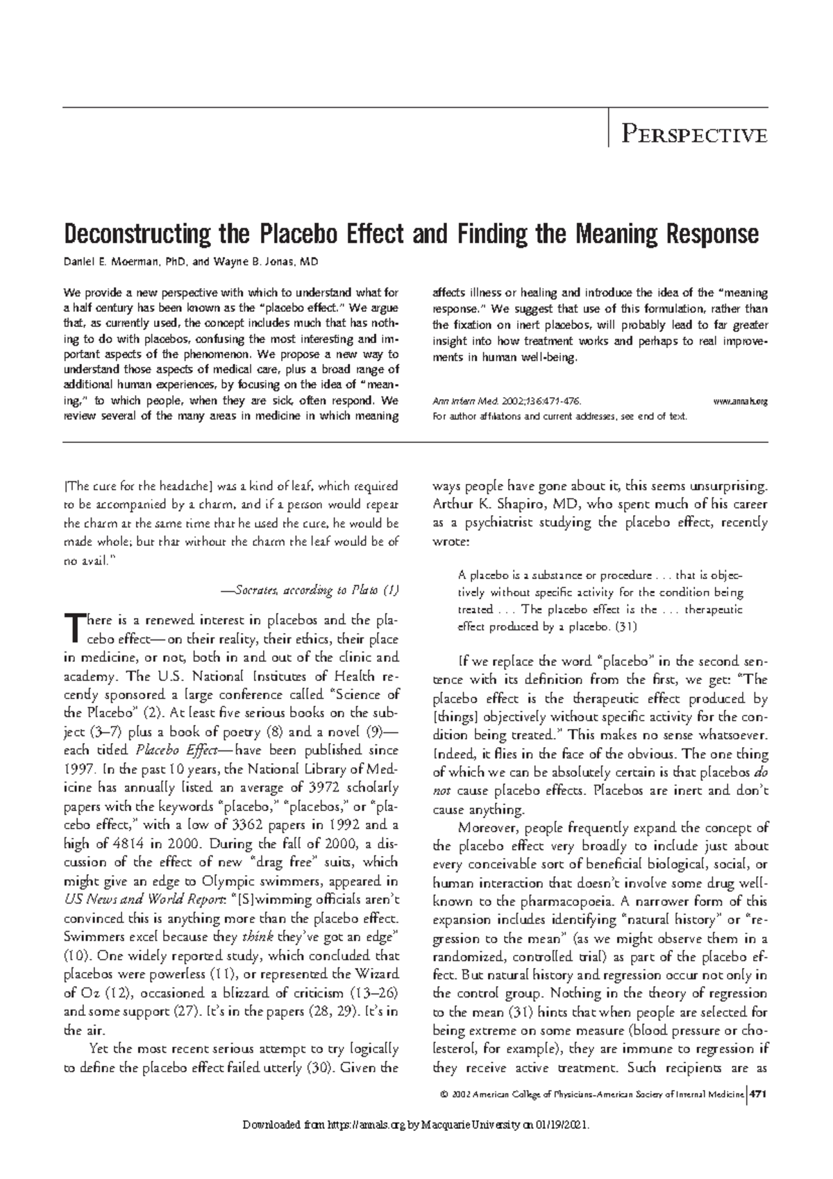Week 5 Reading 5 Daniel Moerman - Deconstructing the Placebo Effect and ...